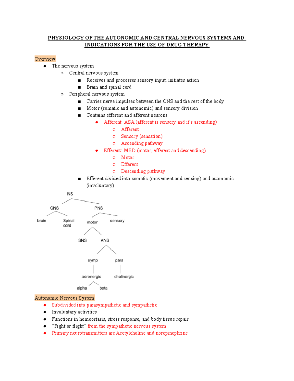 NU 306- Nervous Systems - PHYSIOLOGY OF THE AUTONOMIC AND CENTRAL ...