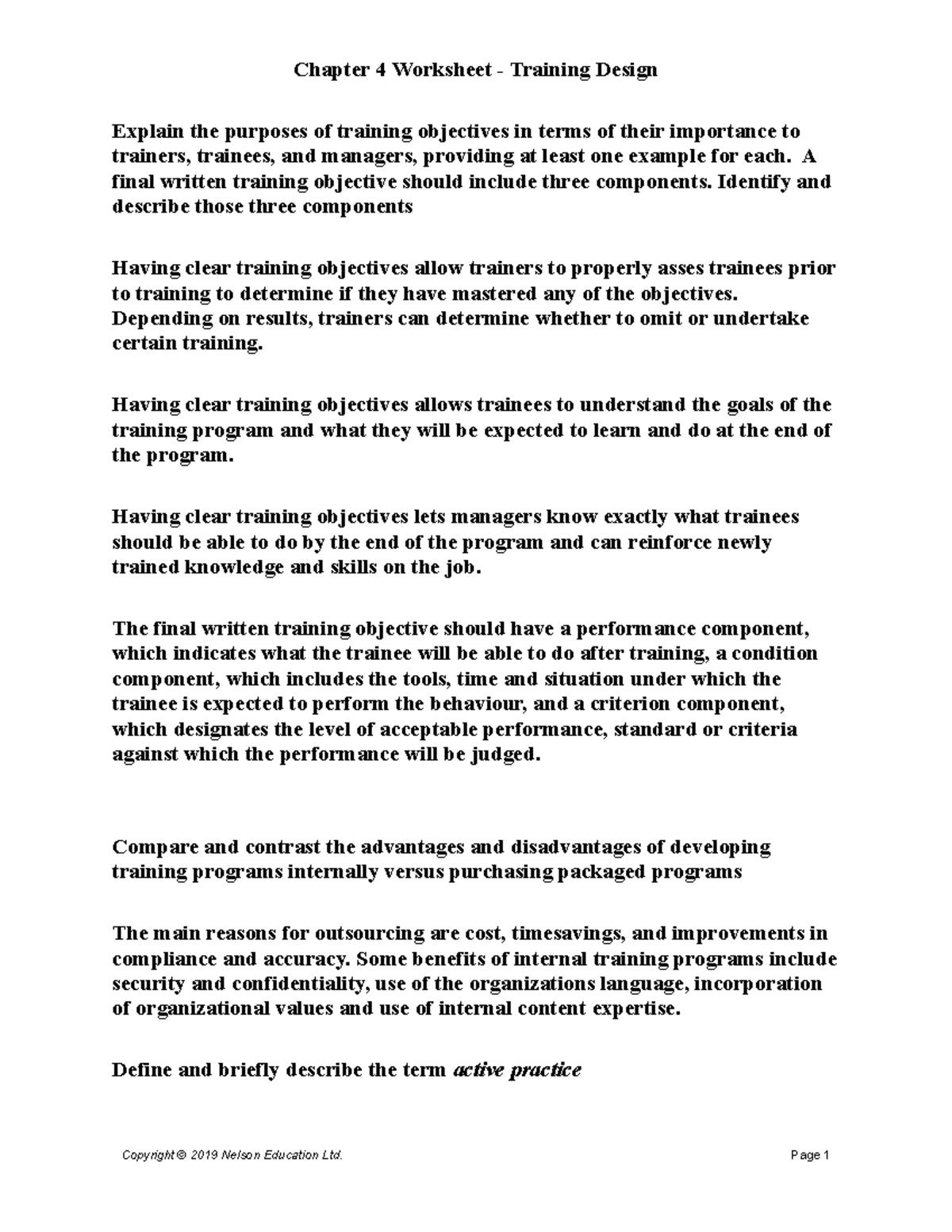Chapter 4 Worksheet - Chapter 4 Worksheet - Training Design Explain the ...