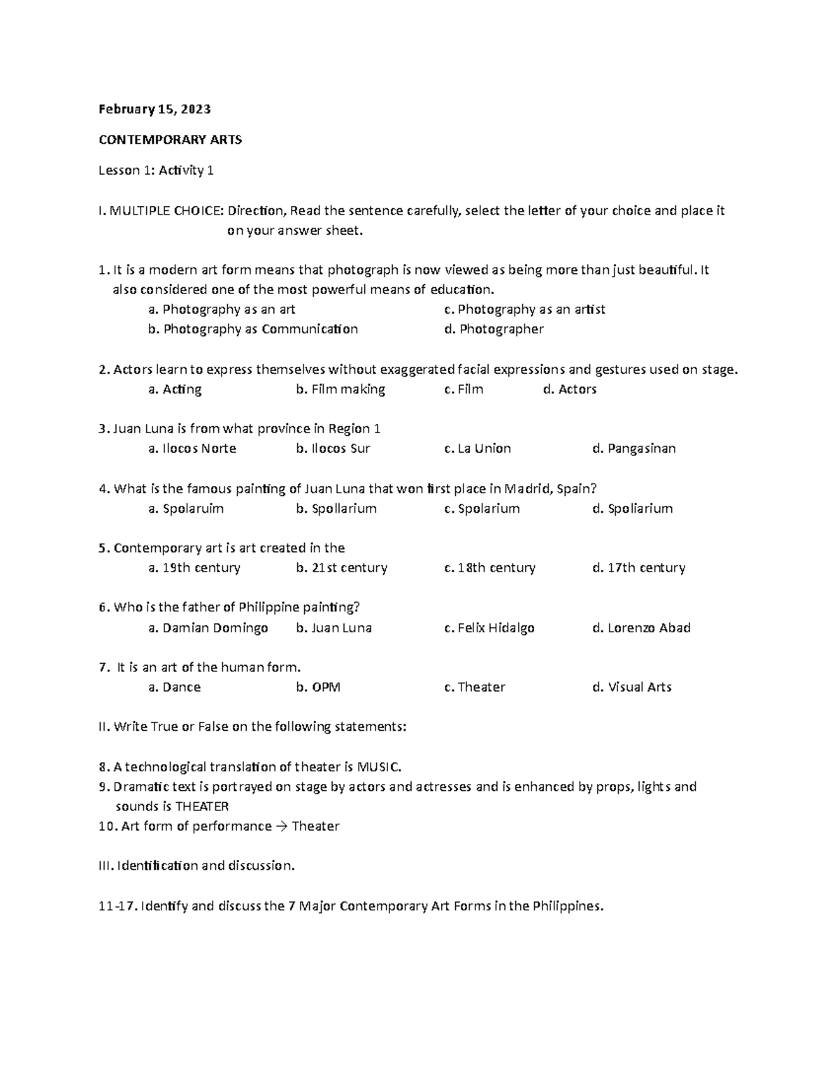 Con Arts-Activity - yes - February 15, 2023 CONTEMPORARY ARTS Lesson 1 ...