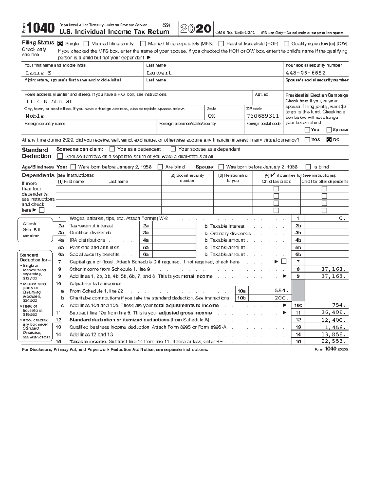 2020 Tax Return - Lecture notes 1 - Form 1040 U. Individual Income Tax ...