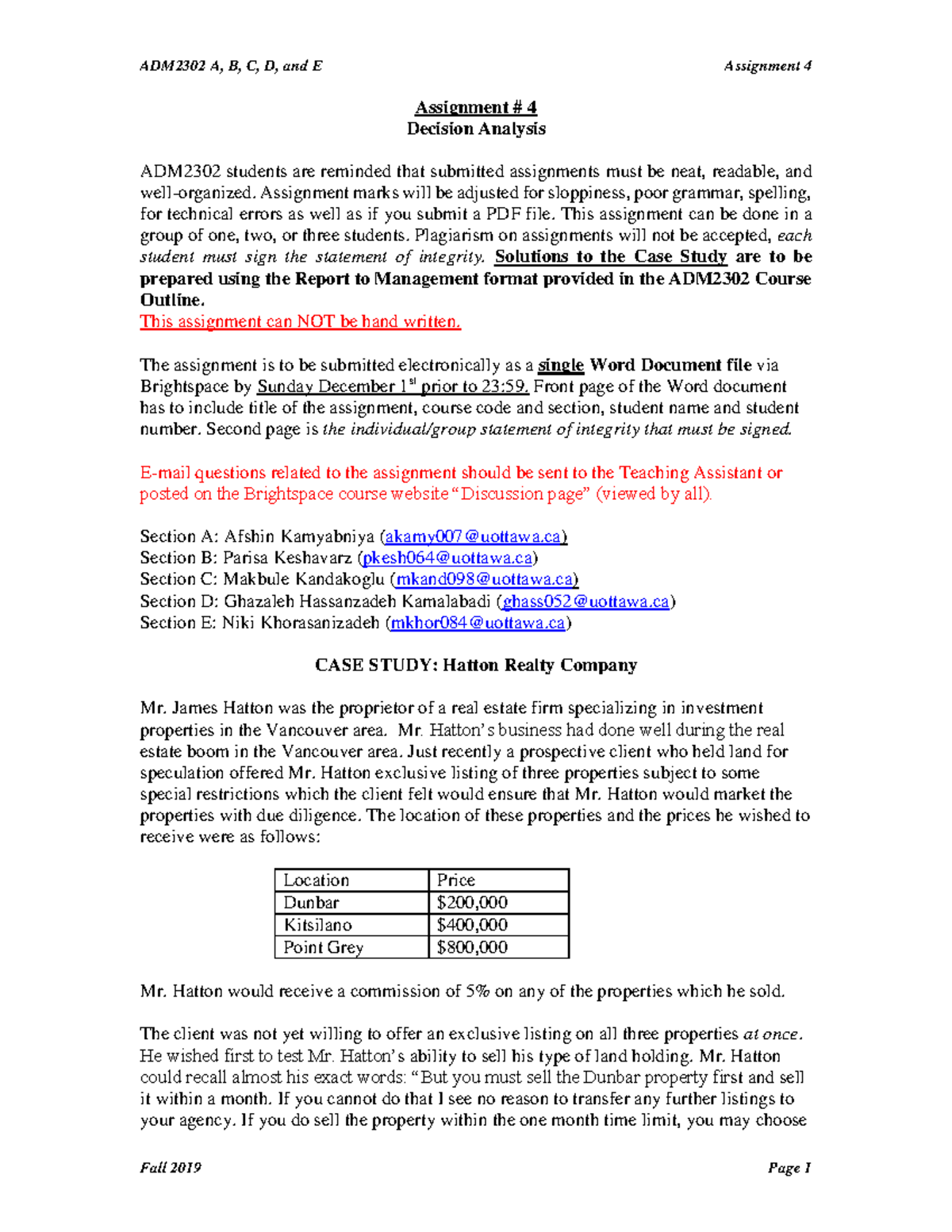 1. ADM2302 Assignment 4 Fall19 - ADM2302 - uOttawa - Studocu