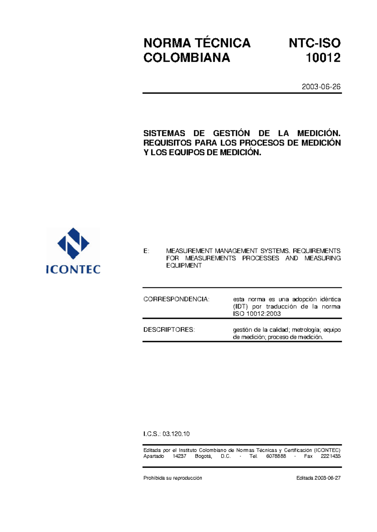 NTC-ISO10012 - Normas - NORMA TÉCNICA NTC-ISO COLOMBIANA 10012 2003-06 ...