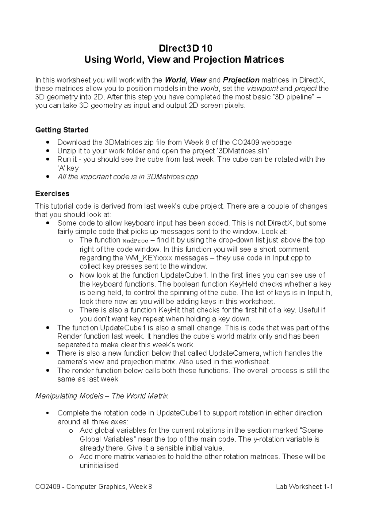 CO2409-8 Lab Worksheet - Direct3D 10 Using World, View and Projection ...
