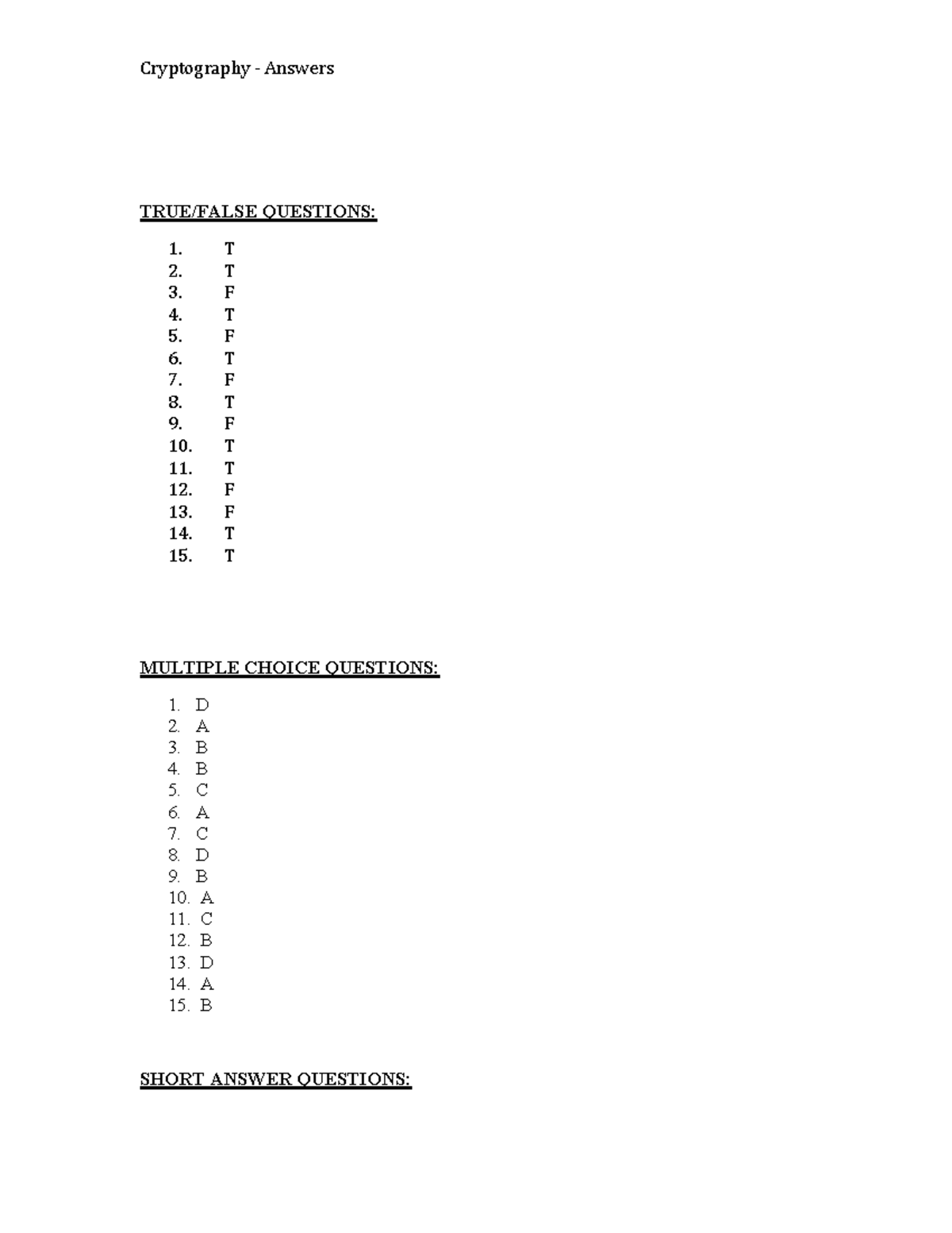 Cryptography Quiz - Answers - Cryptography - Answers TRUE/FALSE ...