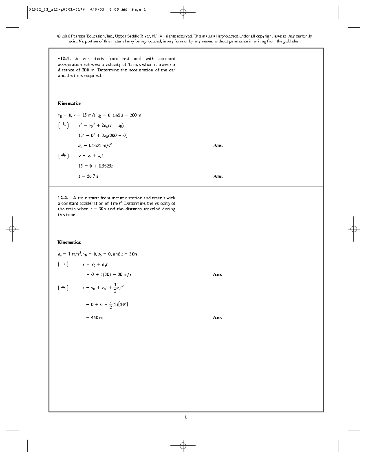 Problem Set No. 1 - 74 - ASAF - Kinematics: , , , and. Ans. t = 26 s Ans. 15 = 0 + 0 A :+ B v ...