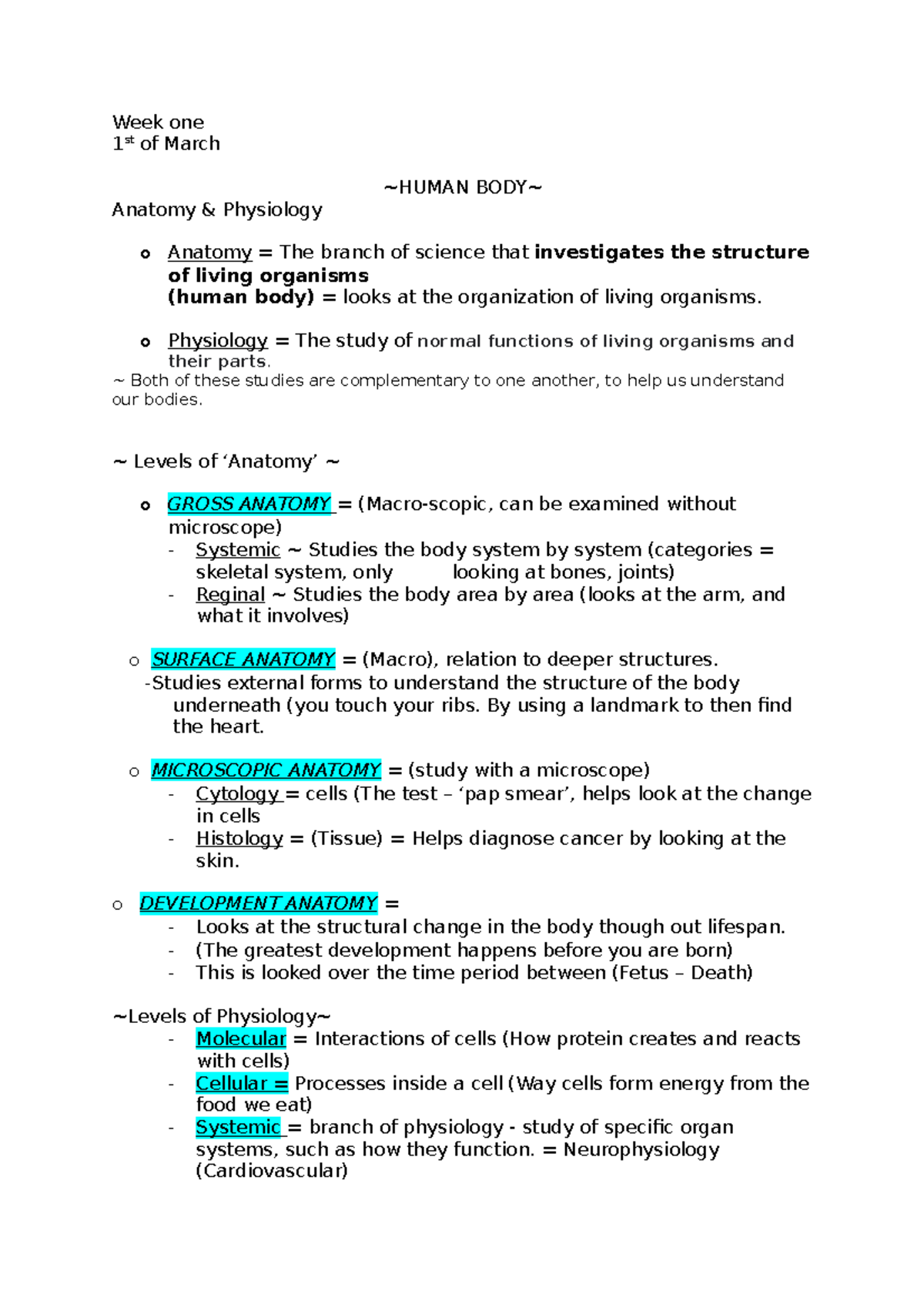 Week one- Human BODY Terms Anatomy & Pysiology - Week one 1 st of March ...