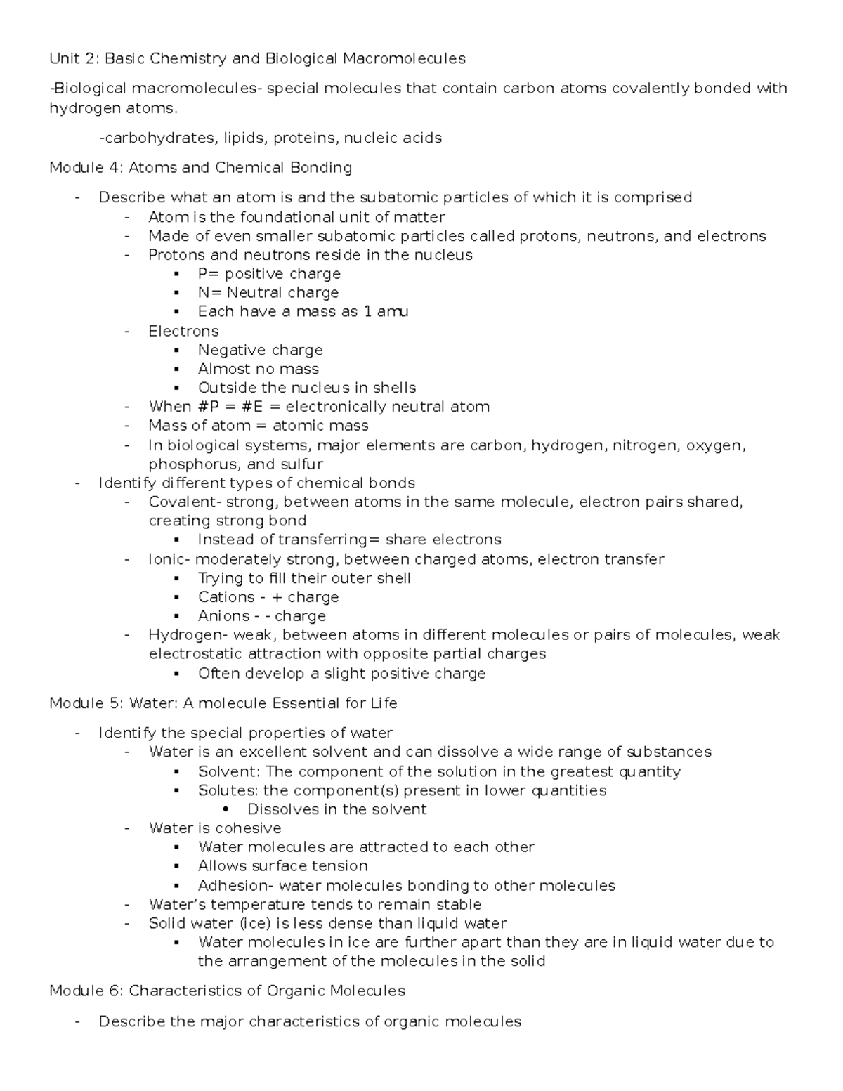 Unit 2 Intro to Biology - Unit 2: Basic Chemistry and Biological ...