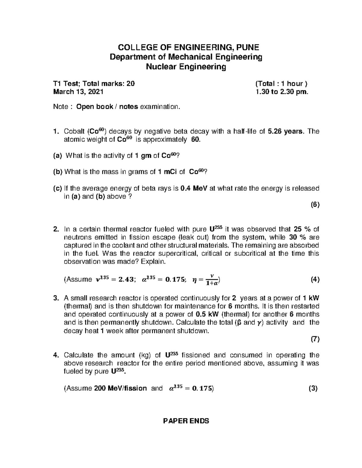 T1 test.Introduction to Nuclear Engineering tutorial 1 question paper ...