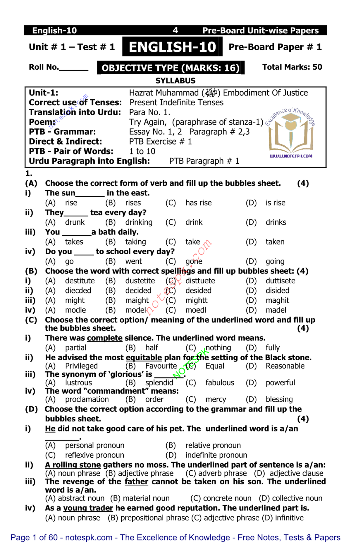 10th English Unit Wise Tests Nauman Sadaf - Studocu