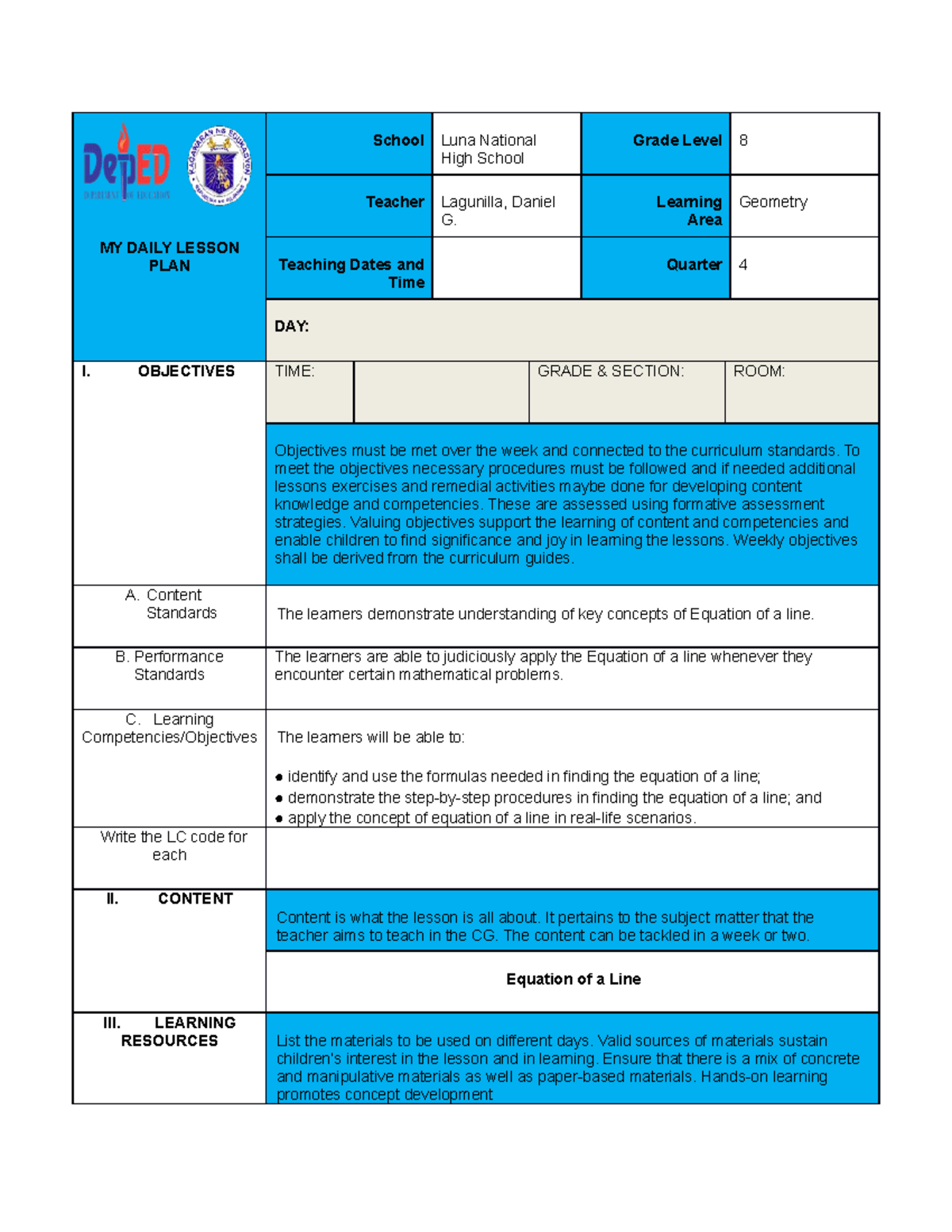 Lesson Plan equation of a line - MY DAILY LESSON PLAN School Luna ...