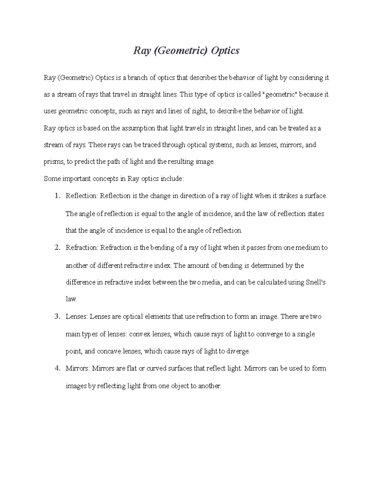Notes on Ray (Geometric) Optics - Ray (Geometric) Optics Ray (Geometric ...
