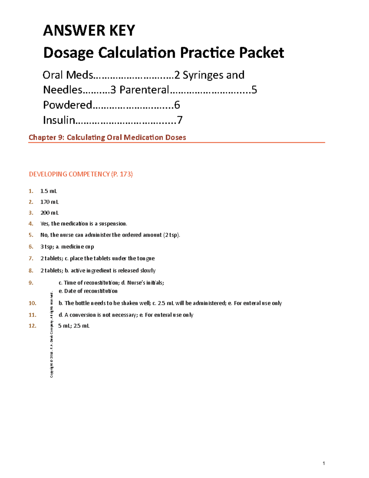 Dosage Calculation Practice Workbook 1 ANSWER KEY Dosage Calculation