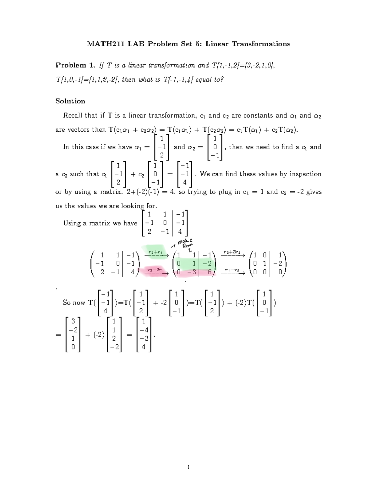 MATH211-Problem Set 5-Linear Transformations-Solutions - MATH211 LAB Problem Set 5: Linear - Studocu