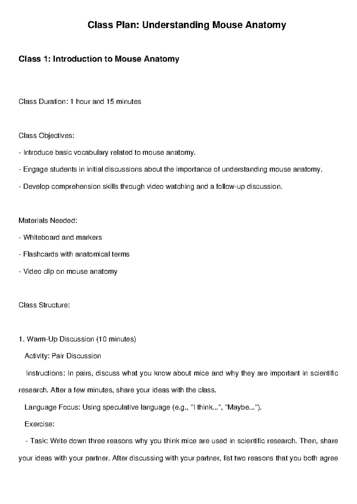 Mouse Anatomy Class Plan - Class Plan: Understanding Mouse Anatomy ...