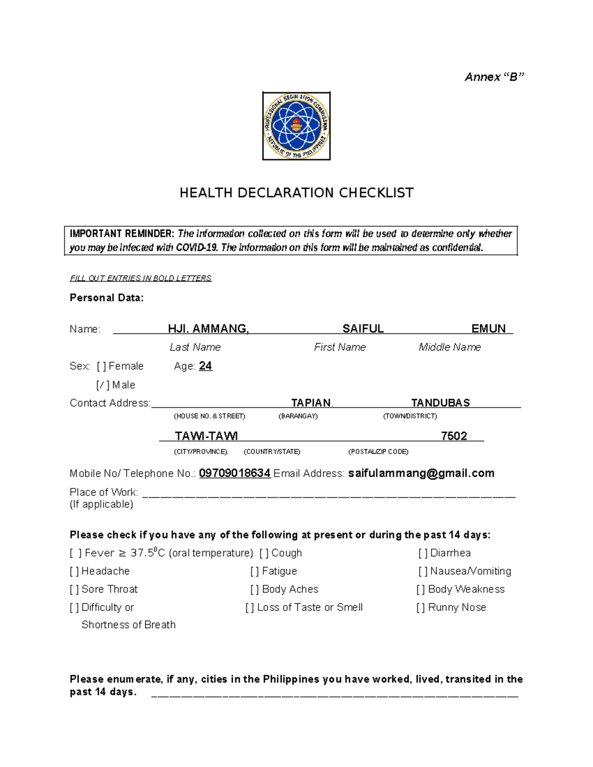 2020-68 Annex B - Health Declaration Form110320 - Annex “B” HEALTH ...