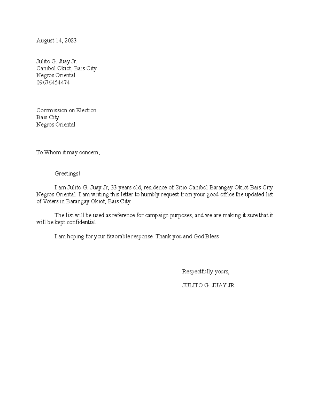 Letter to comelec - Thank you - August 14, 2023 Julito G. Juay Jr ...