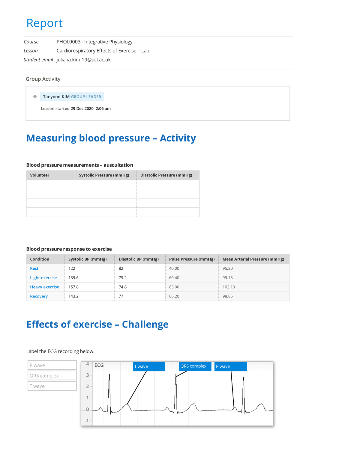Cardiorespiratory Effects of Exercise – Lab report - PHOL2001 - UCL ...