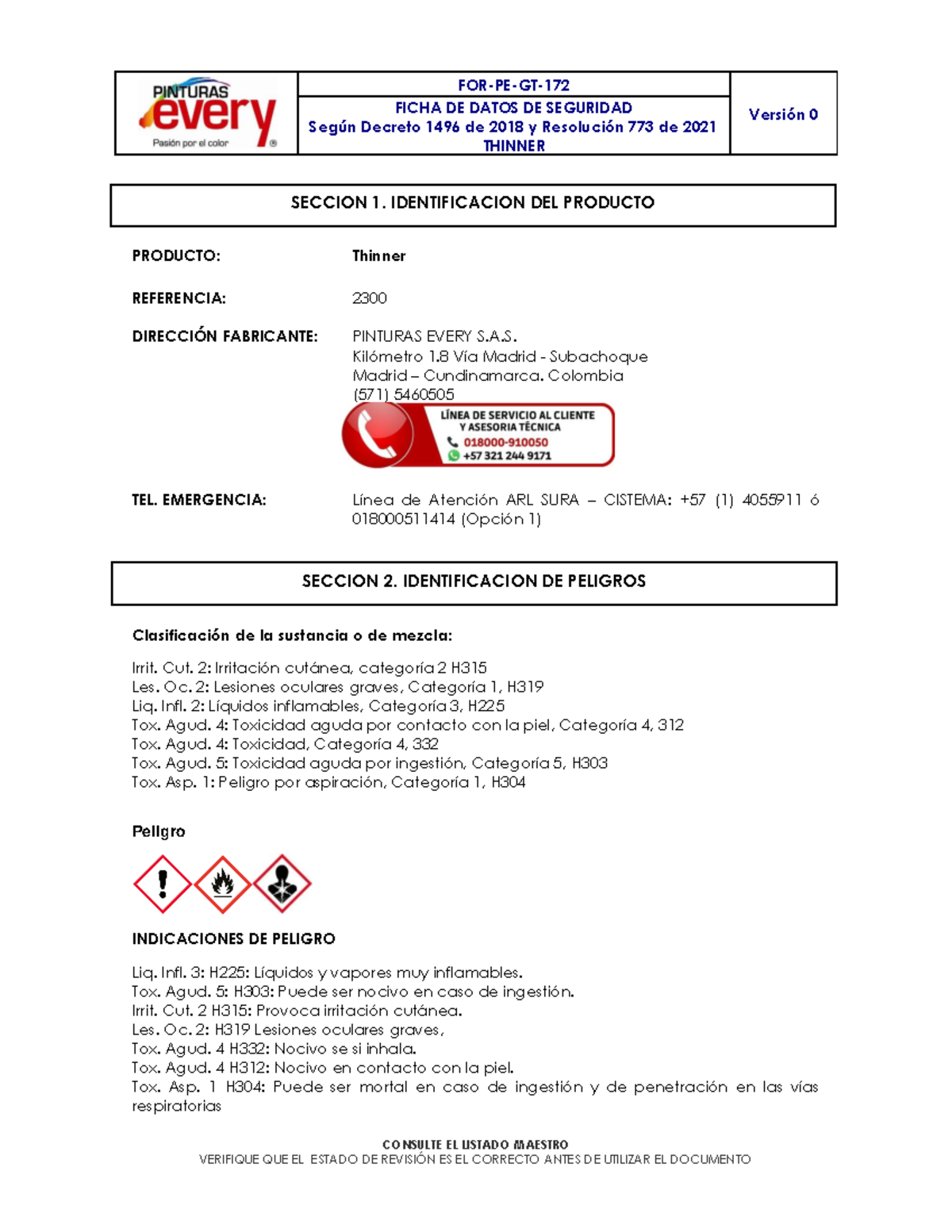 HOJA DE Seguridad Thinner - FICHA DE DATOS DE SEGURIDAD Versión 0 Según ...