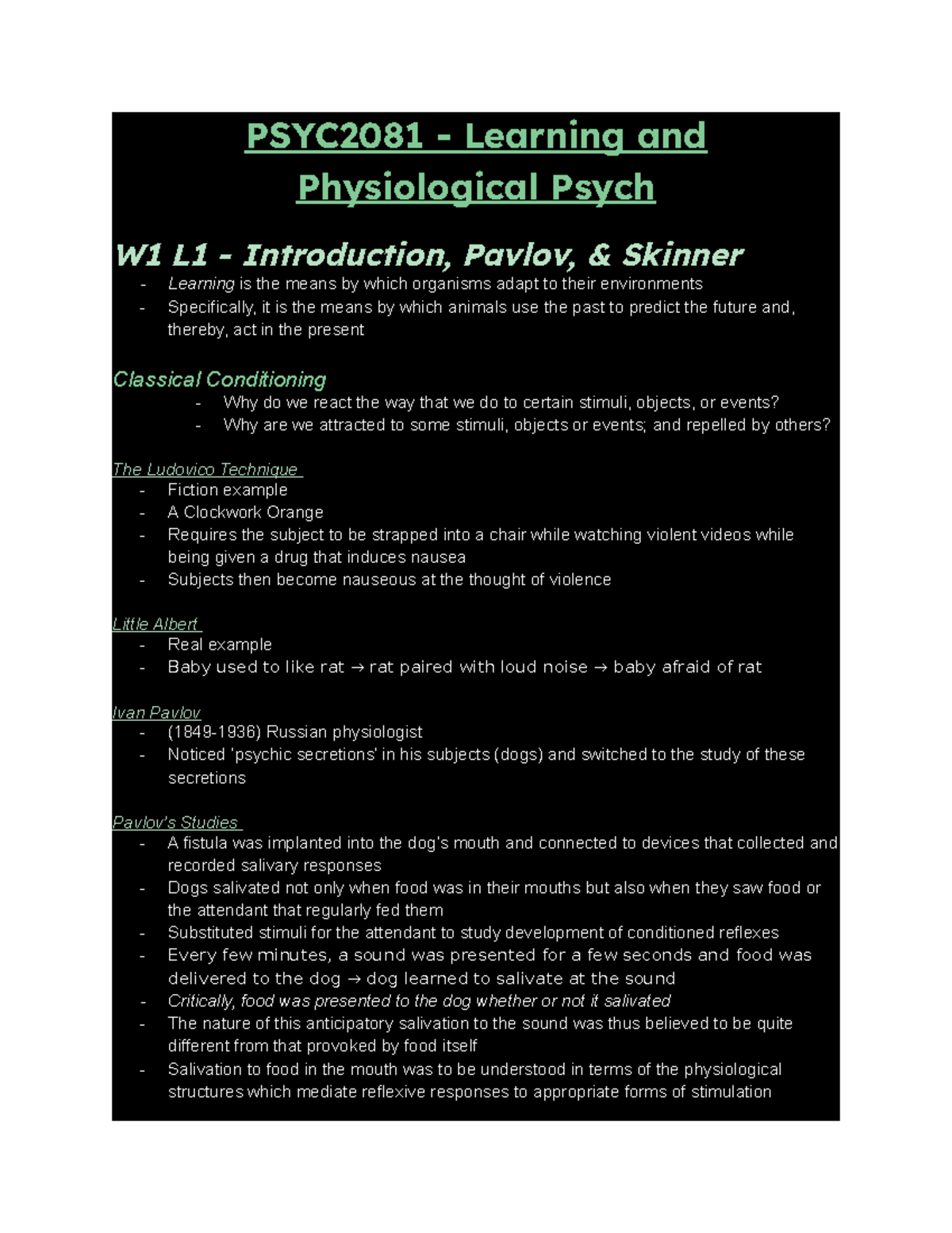 psyc2081 notes weeks 1-8 - PSYC2081 - Learning and Physiological Psych ...