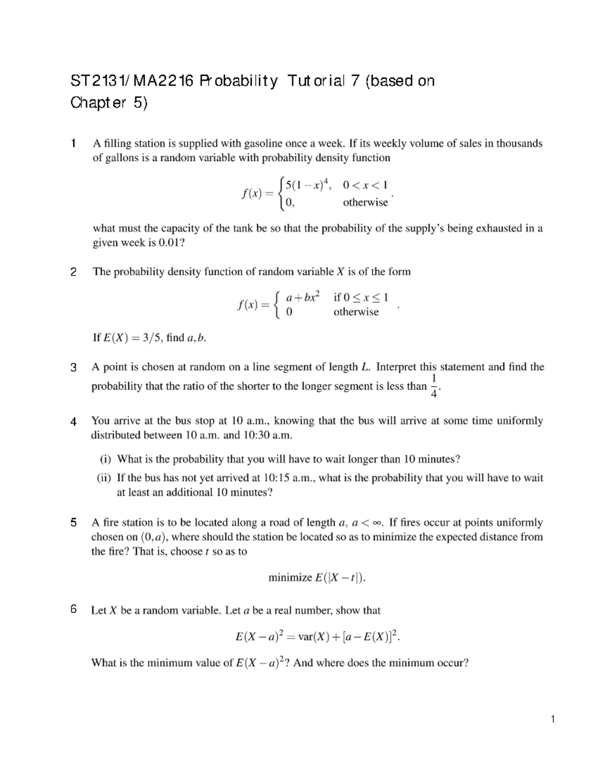 Tut7 - tutorial - MA2001 - 1 ST2131/MA2216 Probability Tutorial 7 (based onChapter 5) 1 2 3 4 5 ...