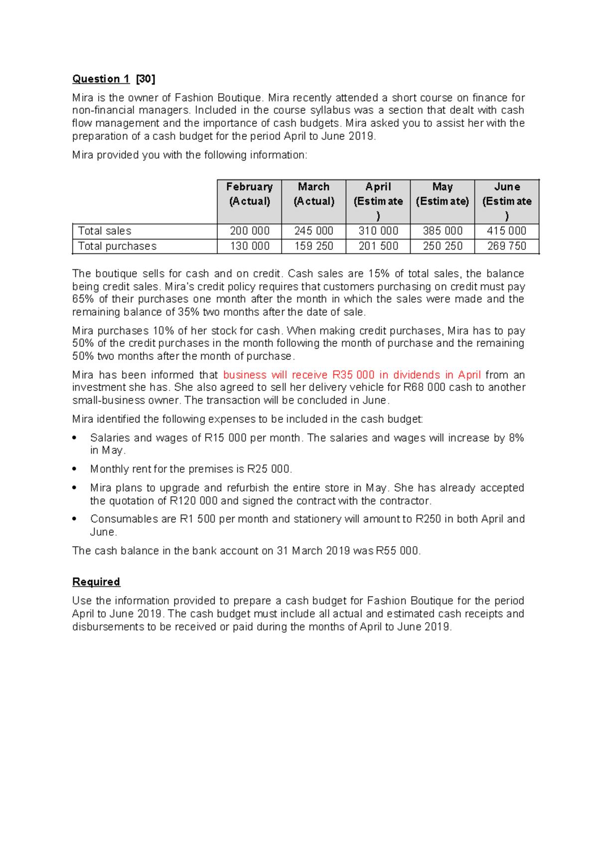 Cash budget question - Summary Financial Management - Question 1 [30 ...