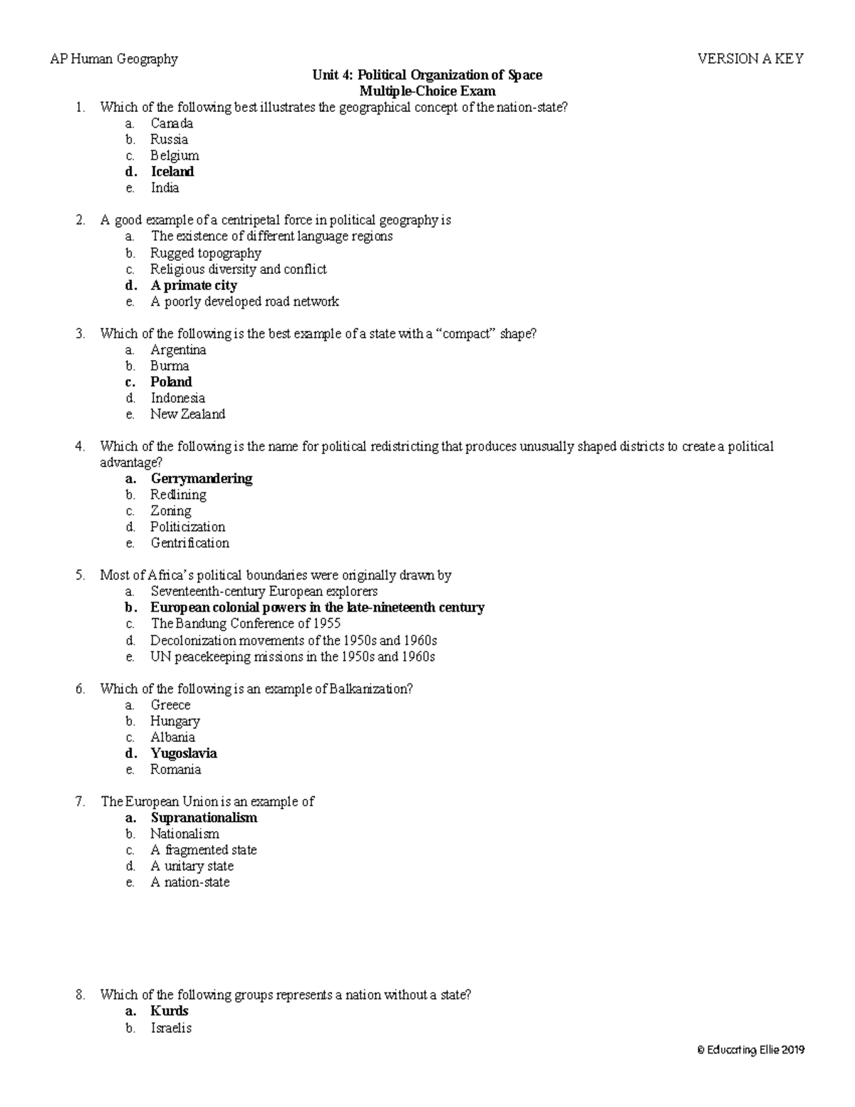 AP Human Geography - Political Organization of Space Exam Version A KEY ...