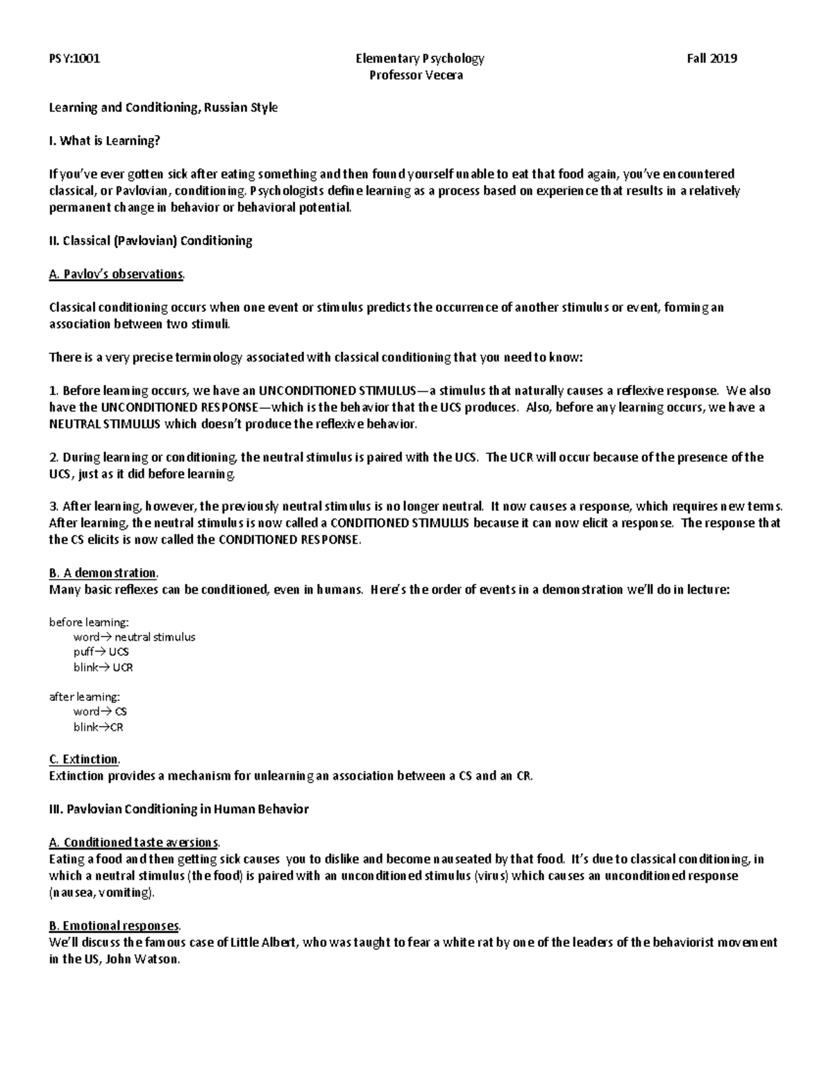 Learning 1 - Vecera: Lecture Outline. - Warning: TT: undefined function: 32 PSY:1001 Elementary ...