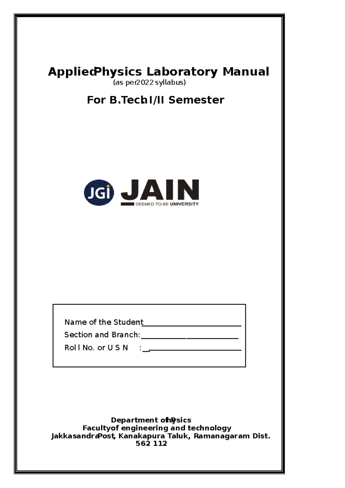 JU- Applied Physics LAB MAN Oct 2022 - AppliedPhysics Laboratory Manual ...