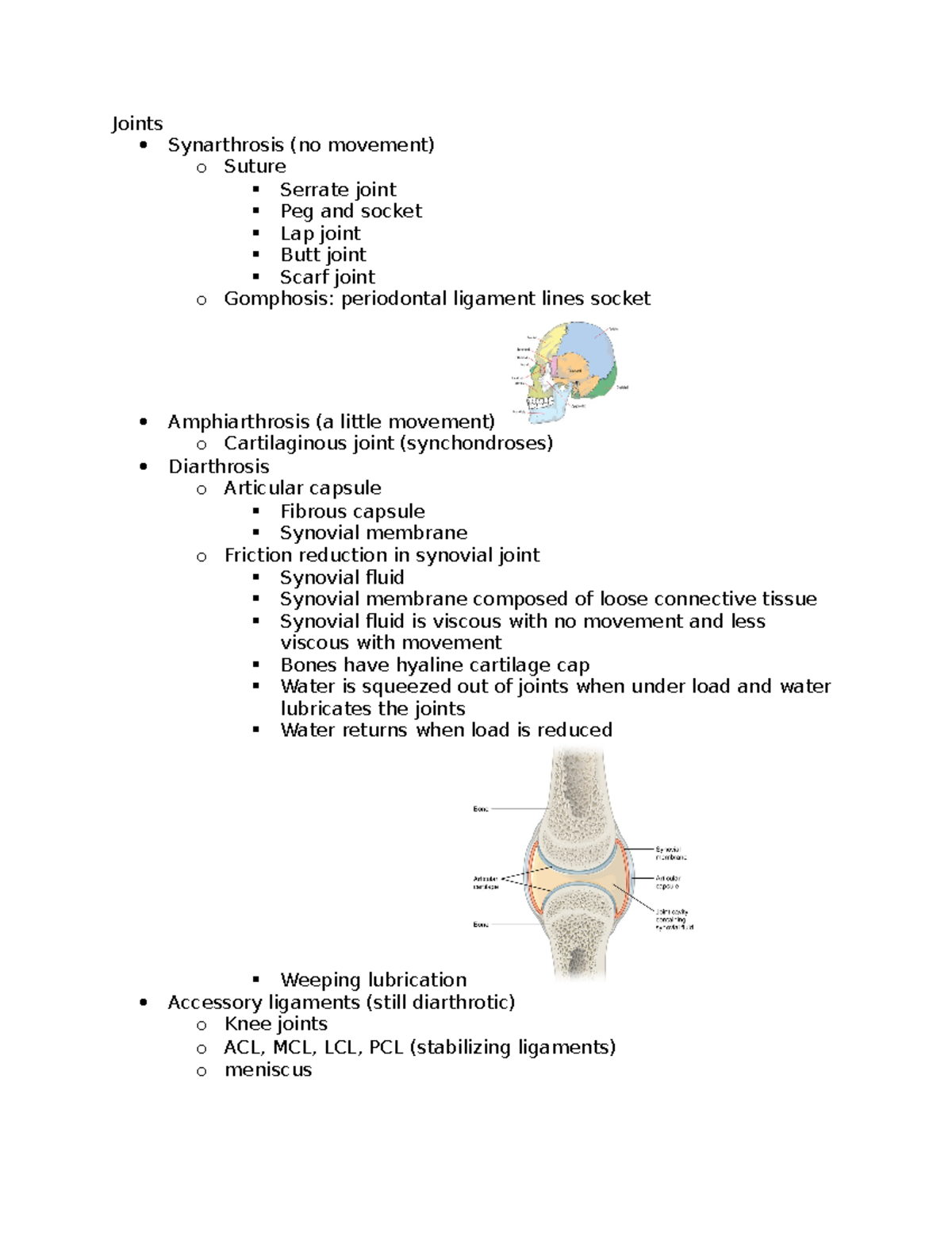 Joints - Joints Synarthrosis (no movement) o Suture Serrate joint Peg and socket Lap joint - Studocu