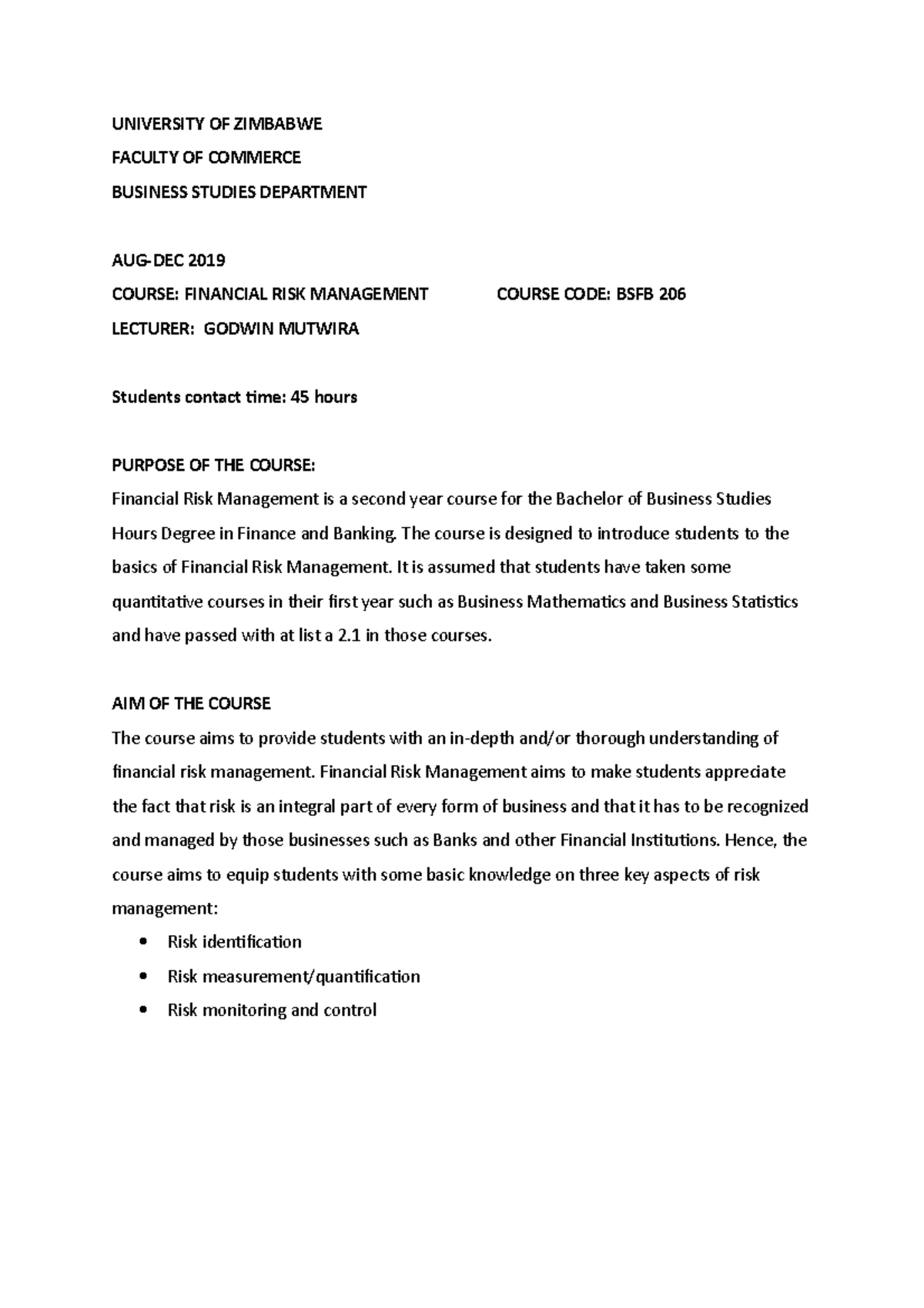 BSFB 206 Course Outline - UNIVERSITY OF ZIMBABWE FACULTY OF COMMERCE ...