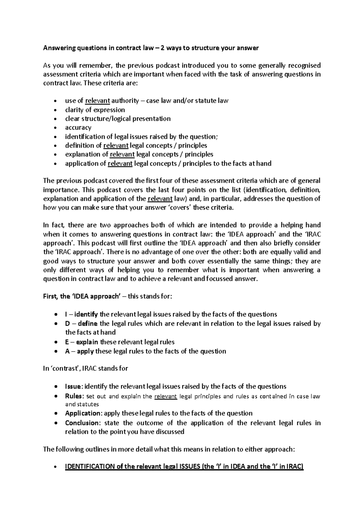 Contract structure 2 - Notes - Answering questions in contract law – 2 ...