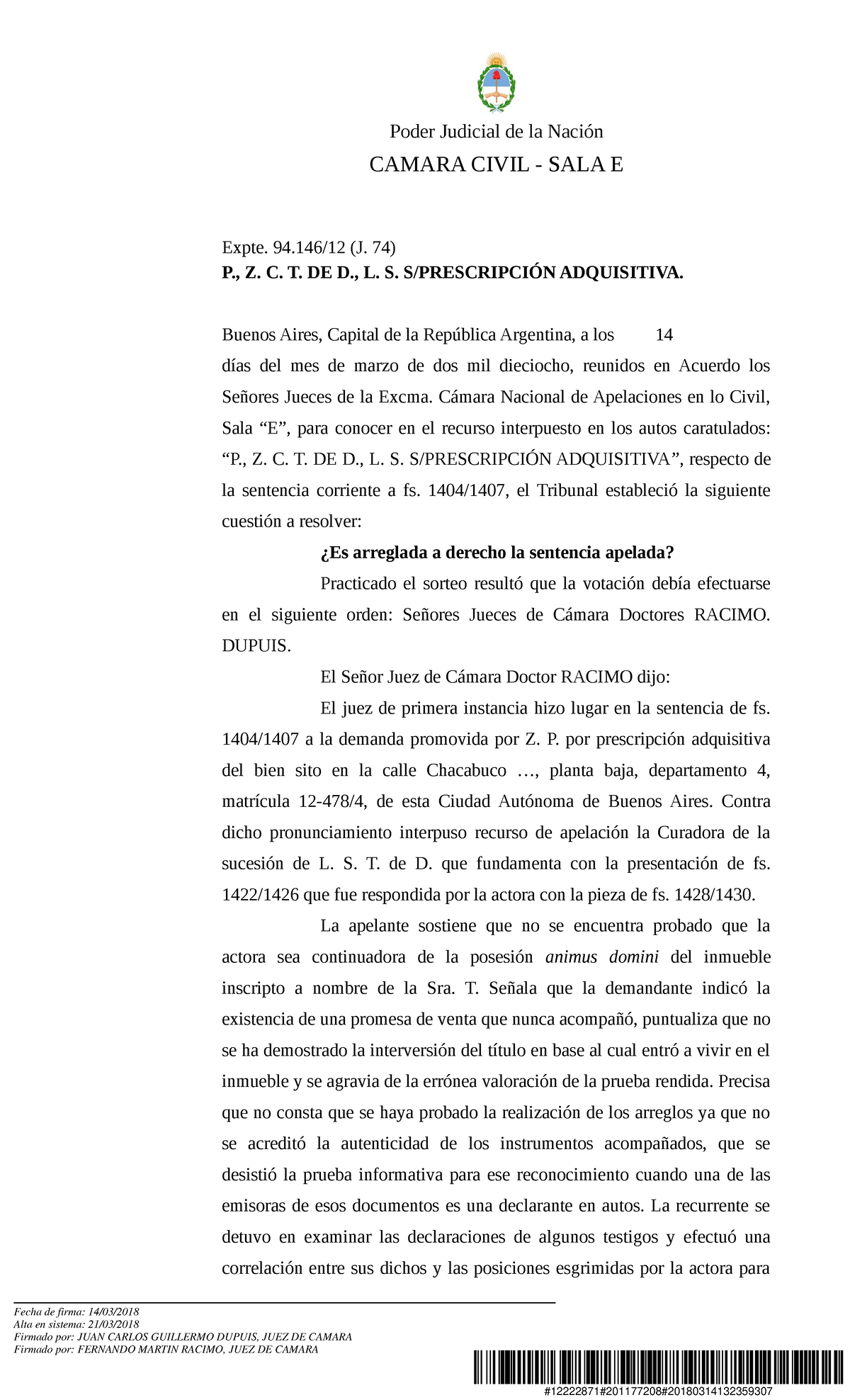 Fallo Actos posesorios CNCiv E 032018 - Poder Judicial de la Nación ...