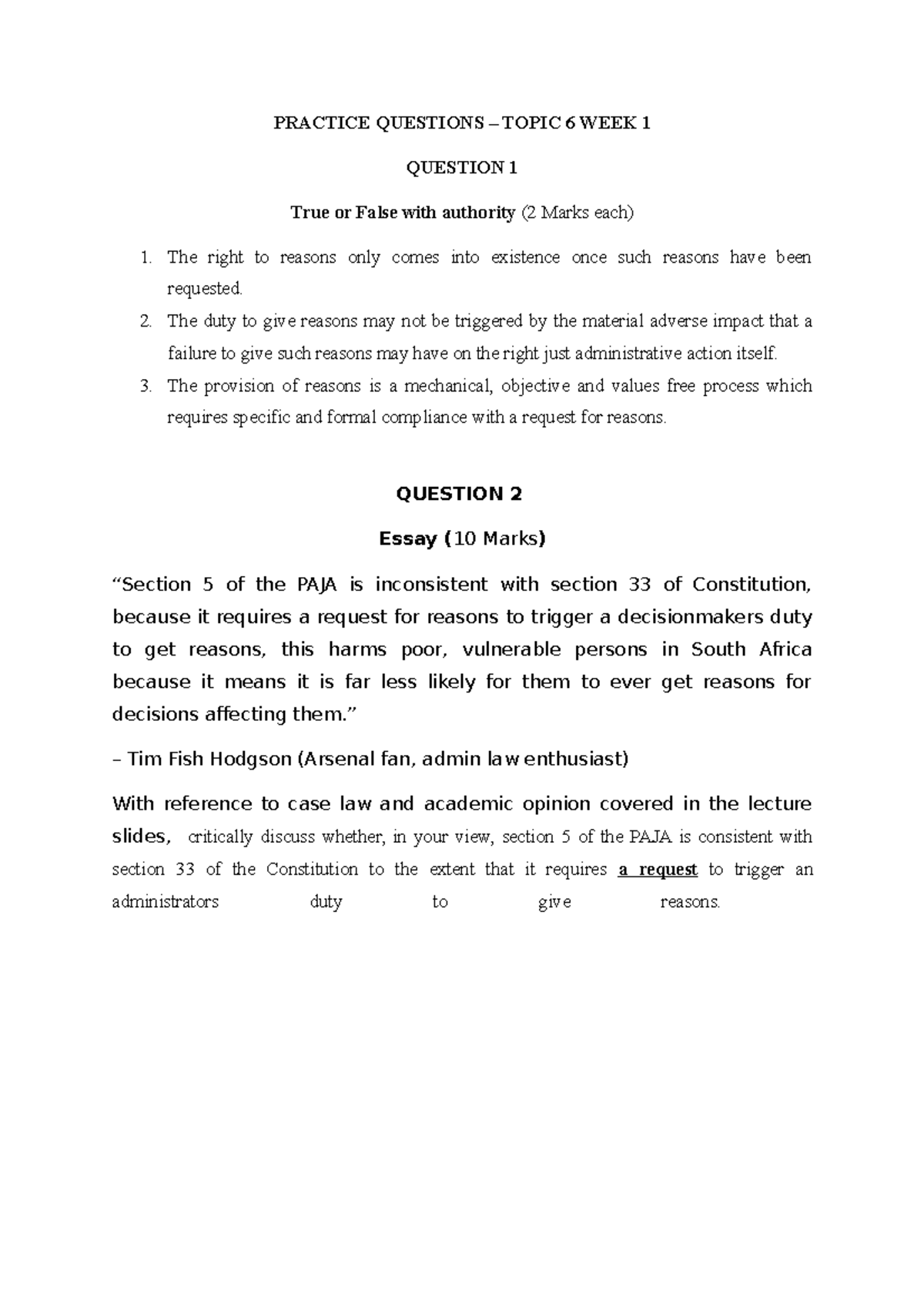 Reasons Practice Questions - PRACTICE QUESTIONS – TOPIC 6 WEEK 1 ...