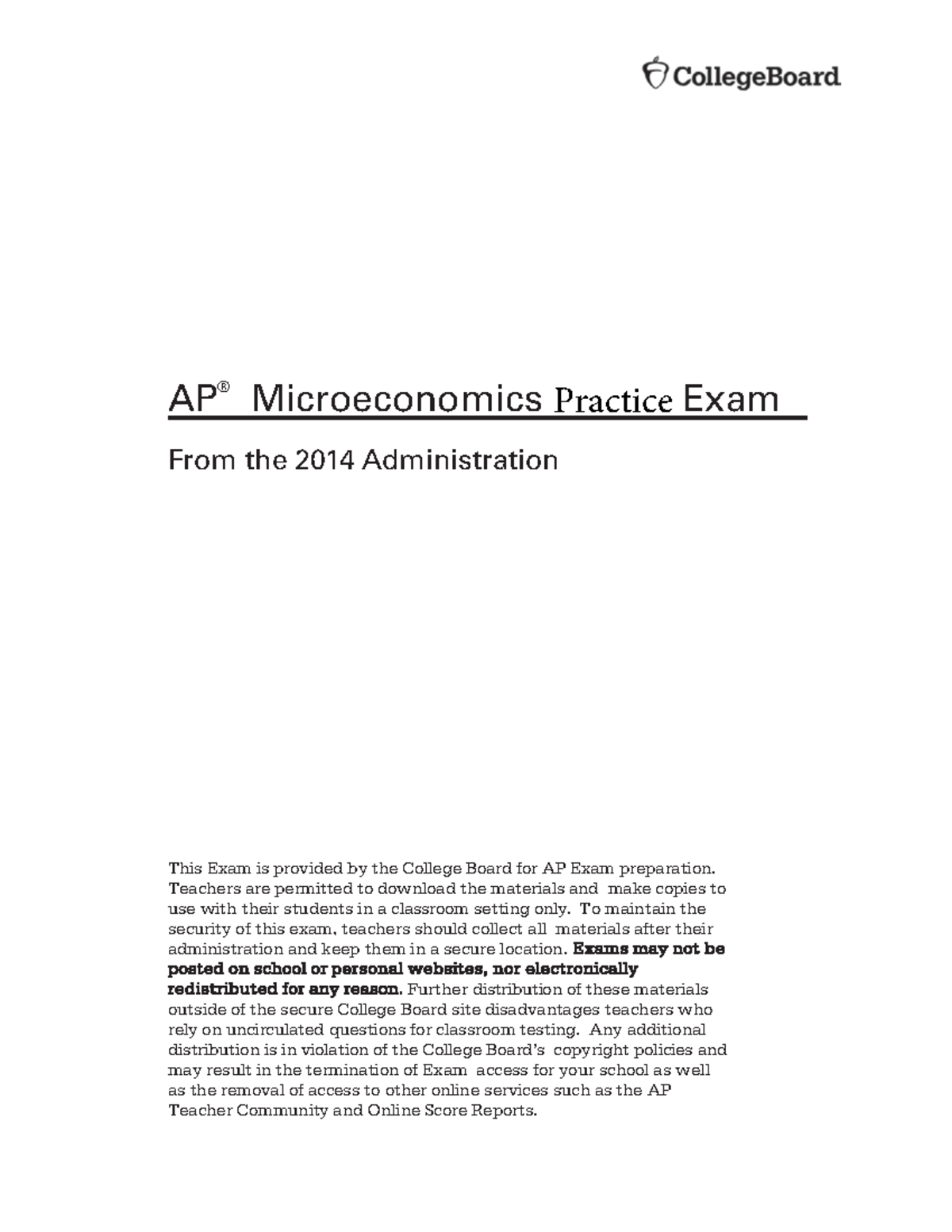 AP Micro 2014 - AP ® Microeconomics Practice Exam From the 2014 ...