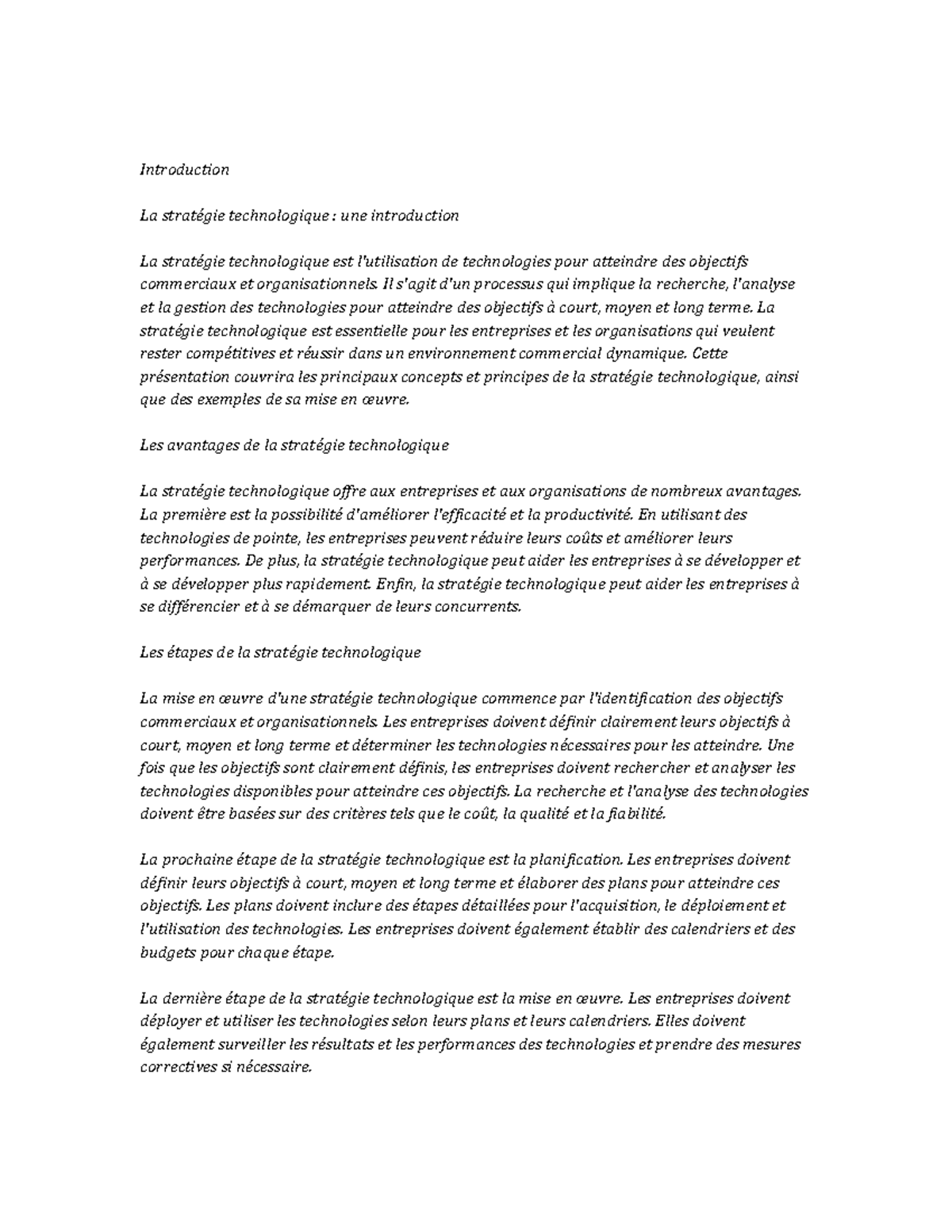 Technology Strategy note study - Introduction La stratégie ...