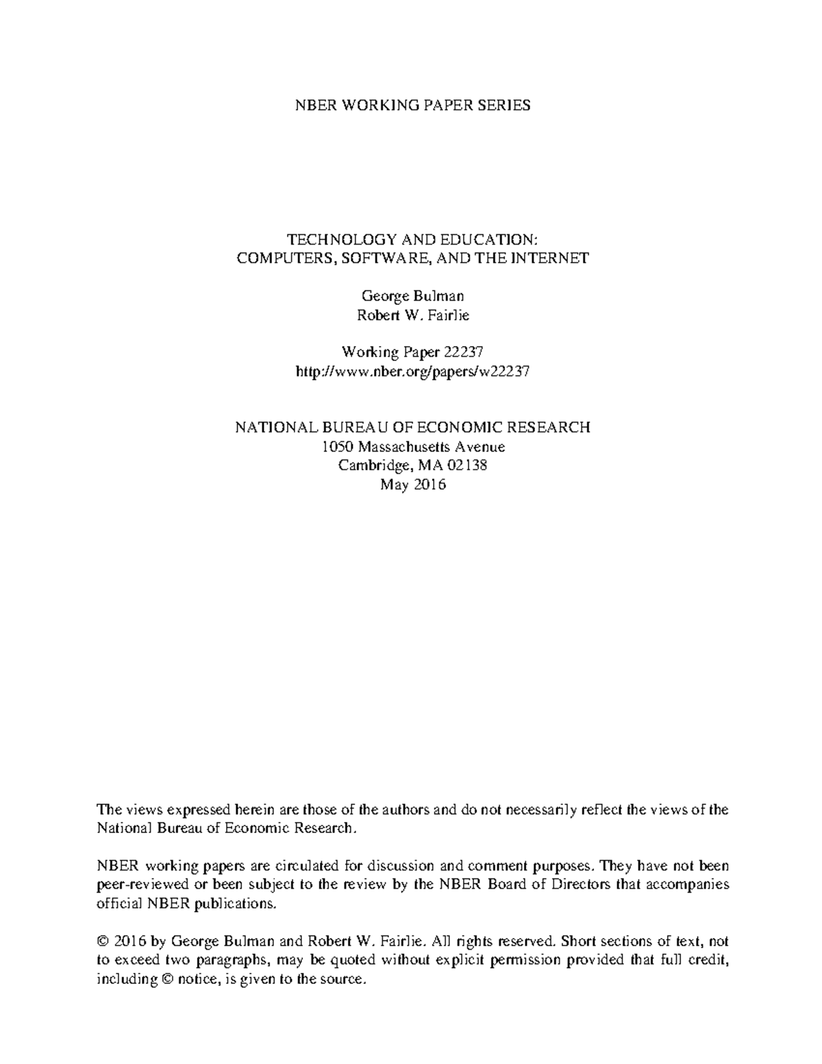 W22237 - NBER WORKING PAPER SERIES TECHNOLOGY AND EDUCATION: COMPUTERS ...