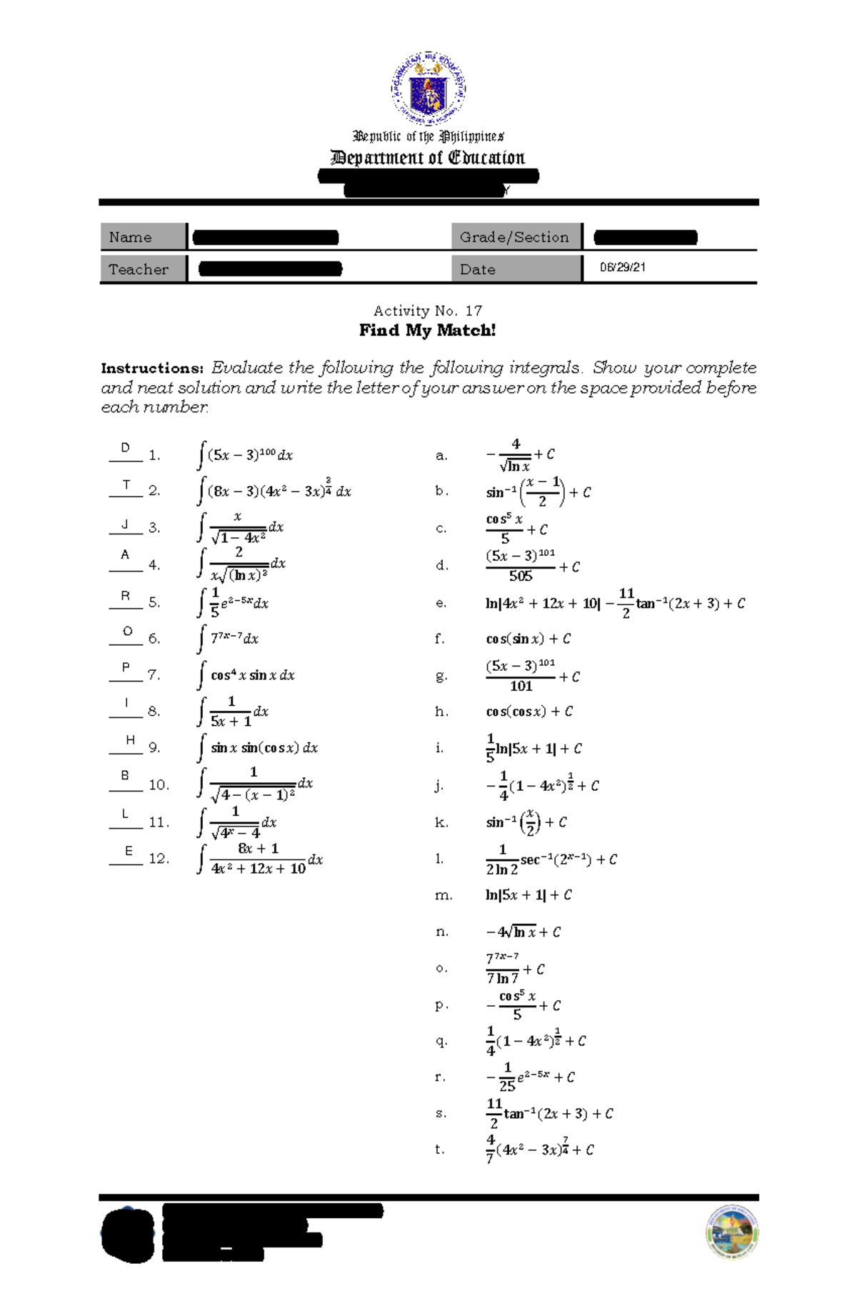 Basic Calculus - Activity - Republic of the Philippines Department of ...