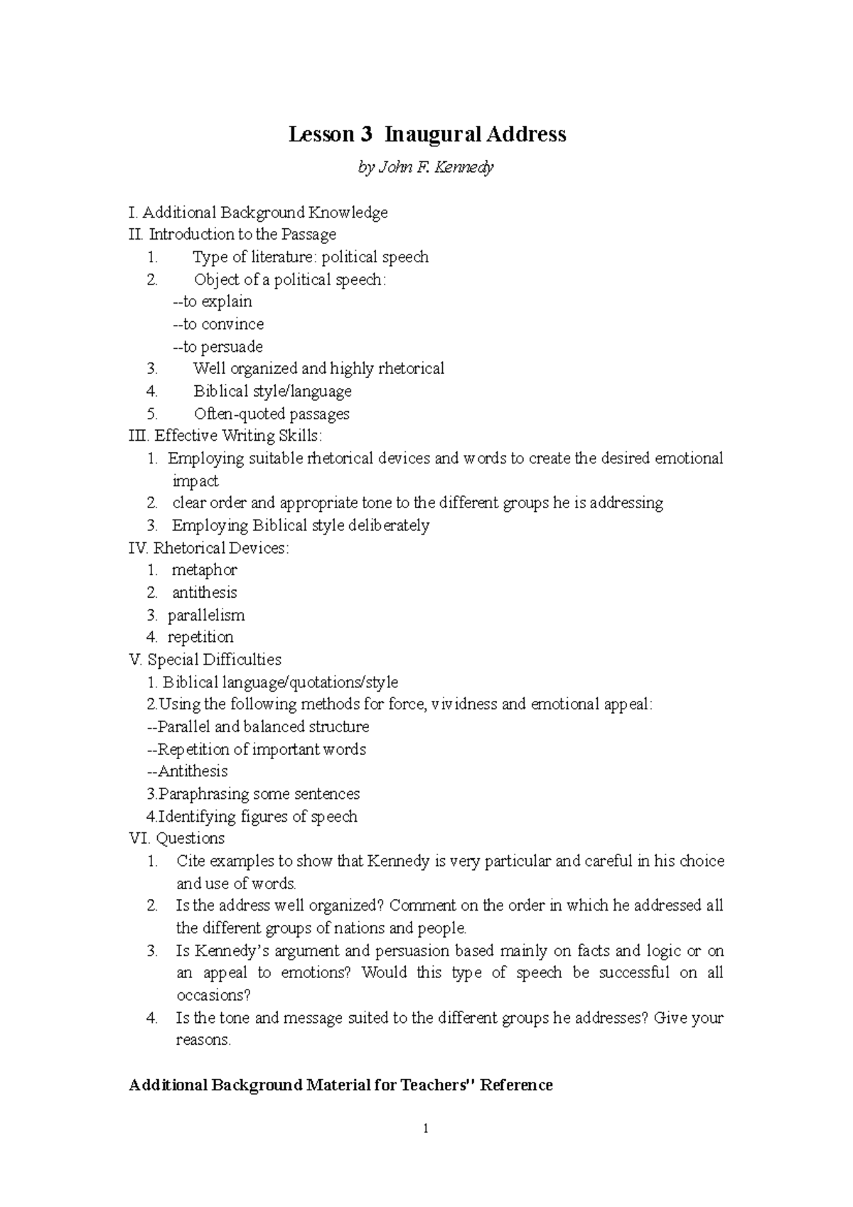 Lesson 3 Inaugural Address - Lesson 3 Inaugural Address by John F ...