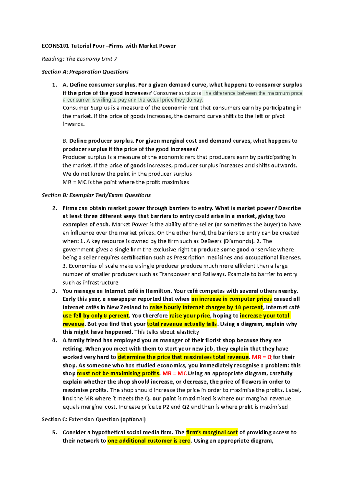 Tutorial 5 - ECONS101 Tutorial Four –Firms with Market Power Reading ...
