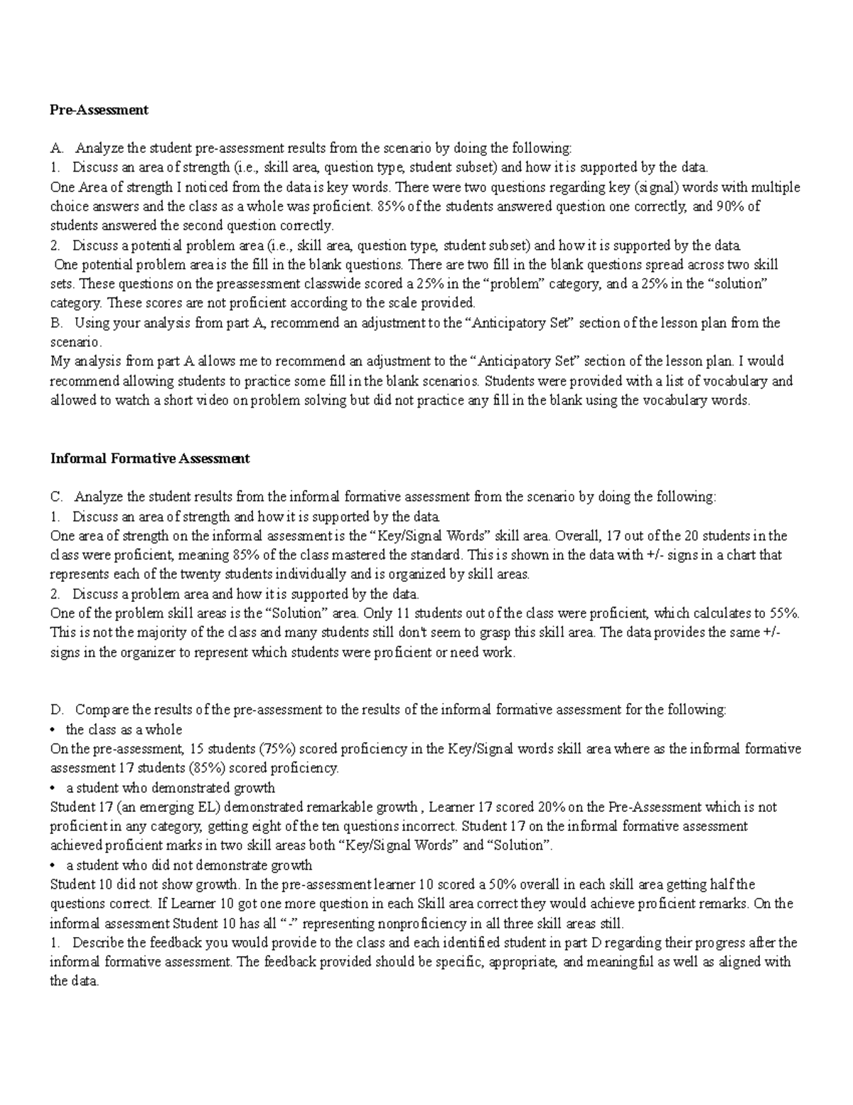 Assessing Impact on SL Task 2 - Pre-Assessment A. Analyze the student pre-assessment results ...