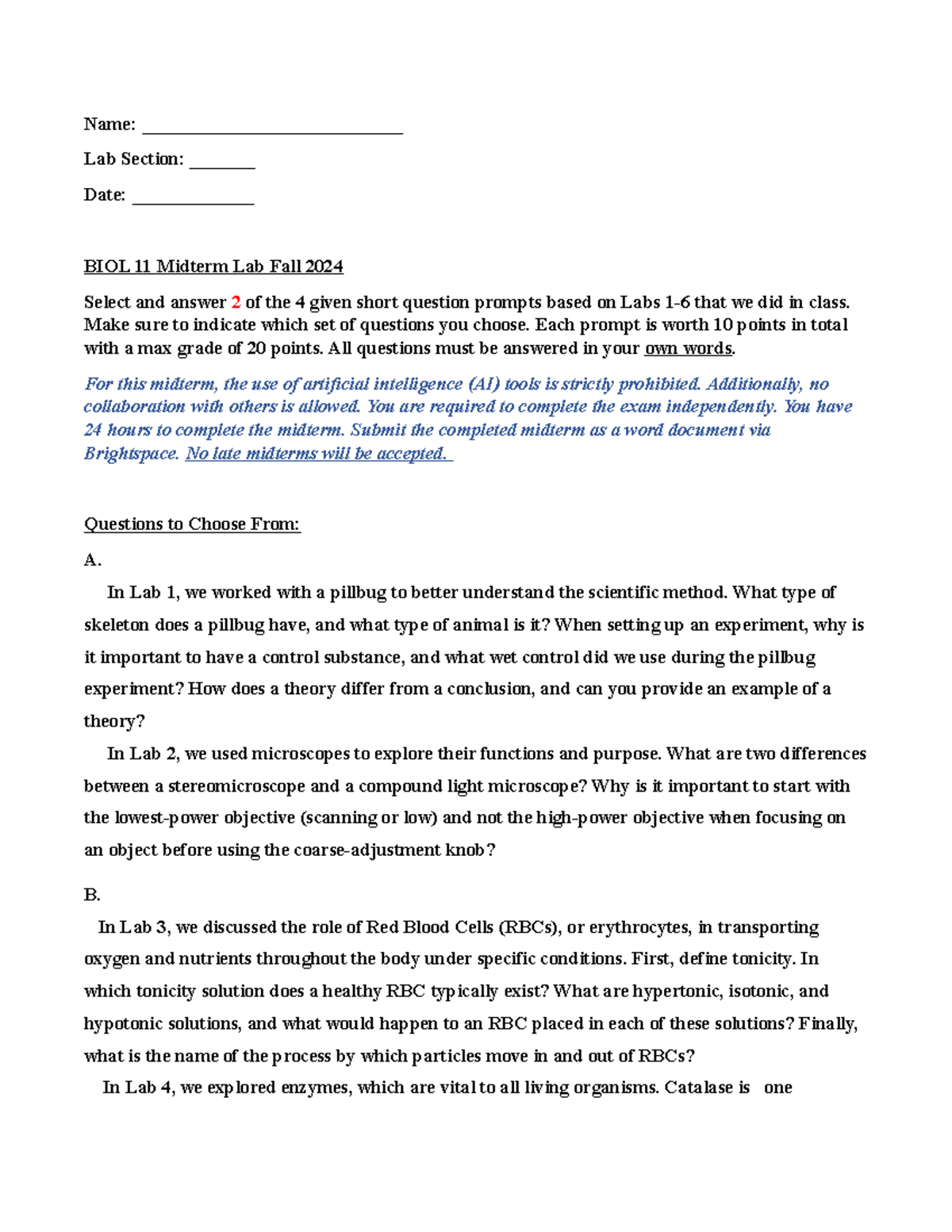BIOL11 Midterm Fall 2024 - Name: ____________________________ Lab Section: _______ Date: - Studocu