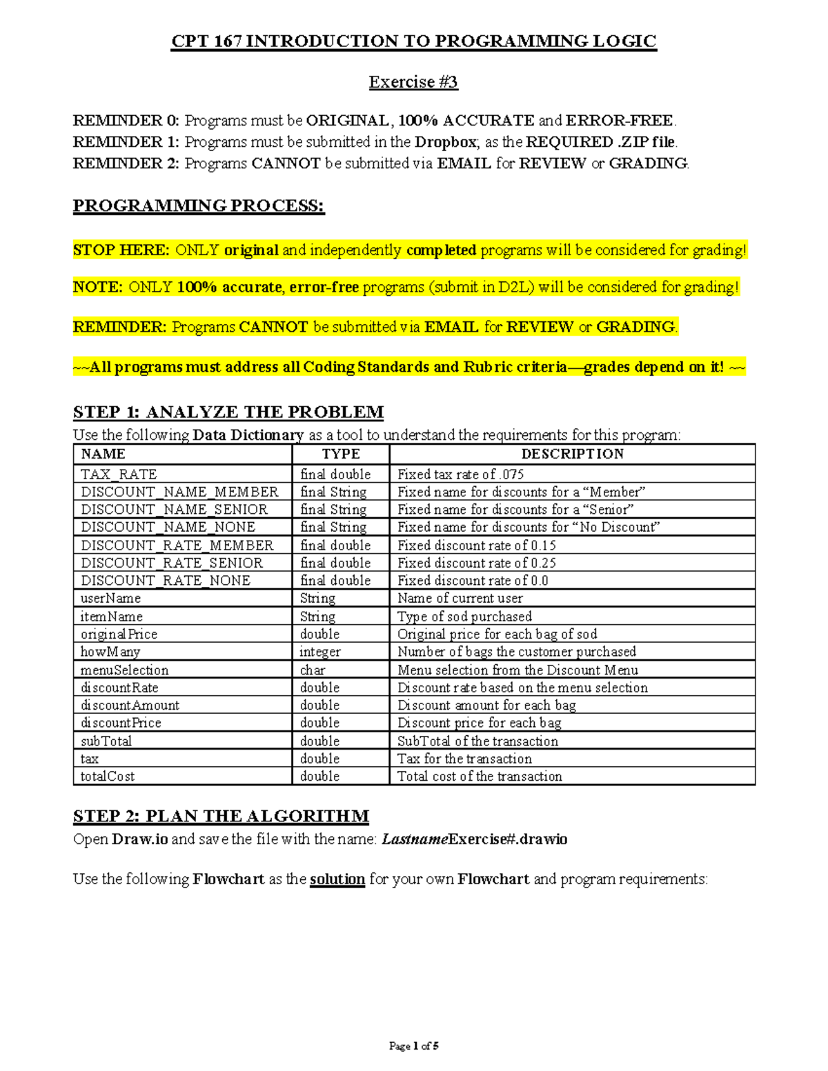 CPT167Exercise 3 - Exercise 3 - CPT 167 INTRODUCTION TO PROGRAMMING LOGIC Exercise REMINDER 0 ...
