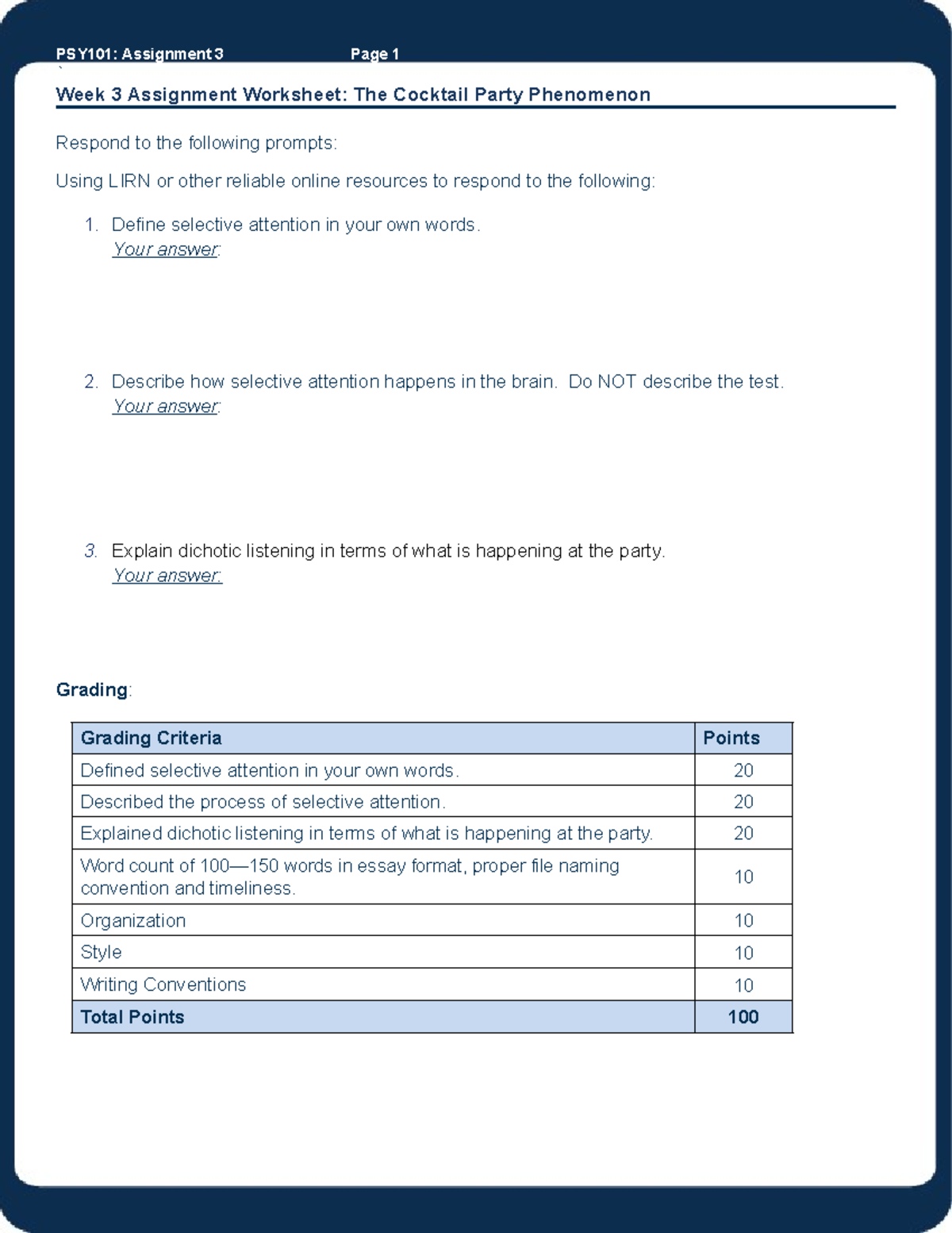 PSY101H Wk3 Assignment - PSY101: Assignment 3 Page 1 ` Week 3 Assignment Worksheet: The Cocktail ...