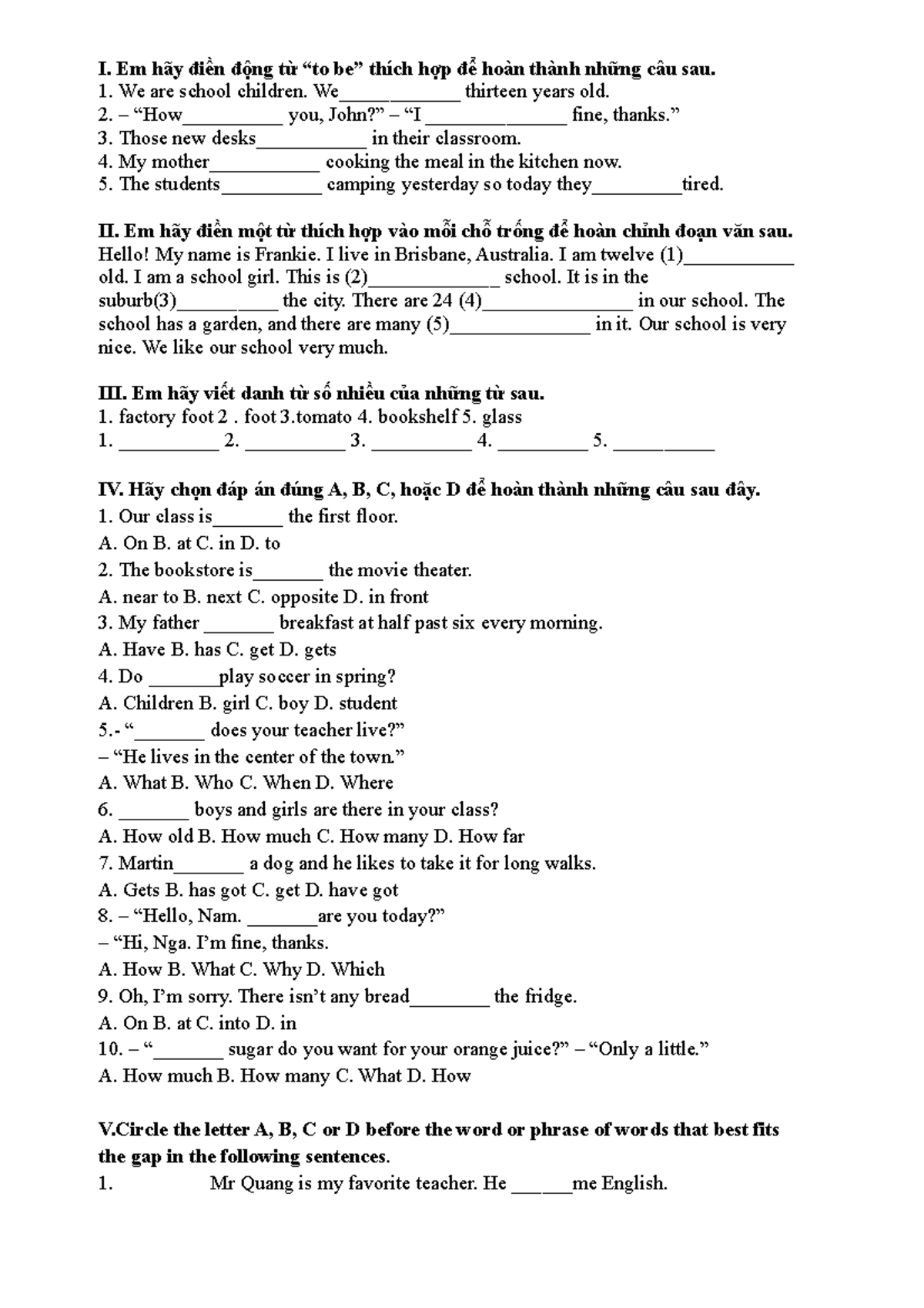 Btvn - jdfkf; - I. Em hãy điền động từ “to be” thích hợp để hoàn thành ...