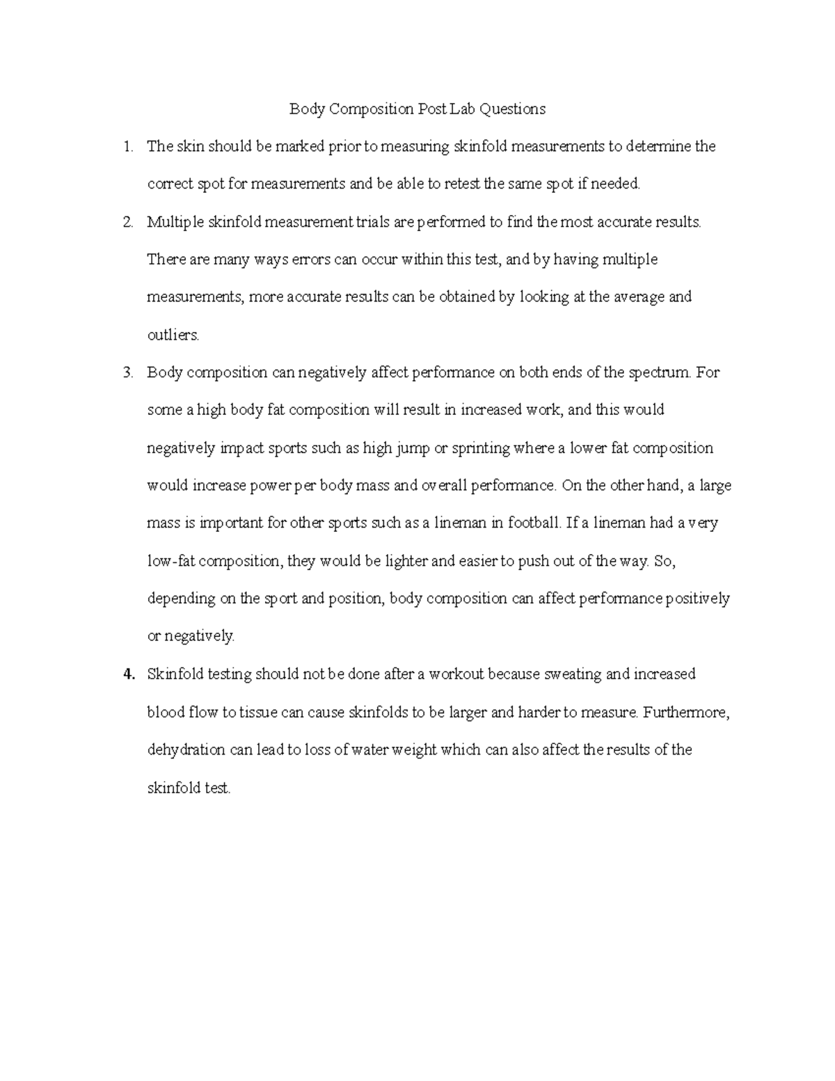 Body Composition Post Lab Questions - Multiple skinfold measurement ...