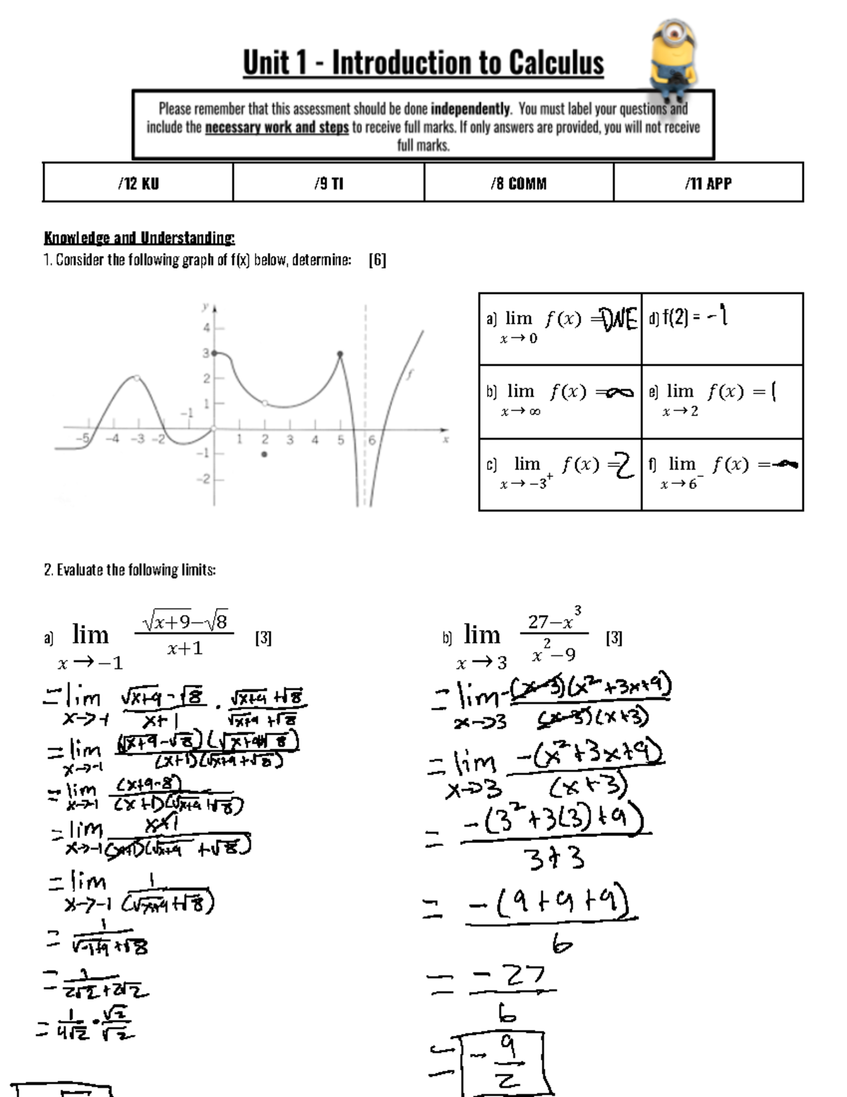 Unit 1 Assessment - Introduction to Calculus - ɘȺȻɵc° ɘɂɵªR ɘɁɵ xnn ɘ ...