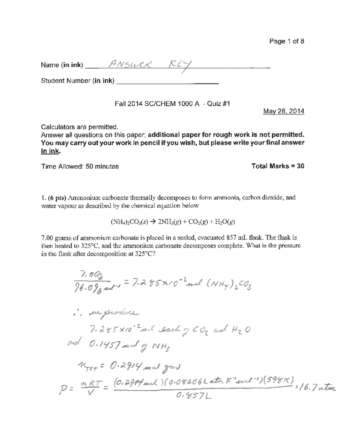 Quiz 2014, questions and answers - Sc/Chem 1000 - Studocu