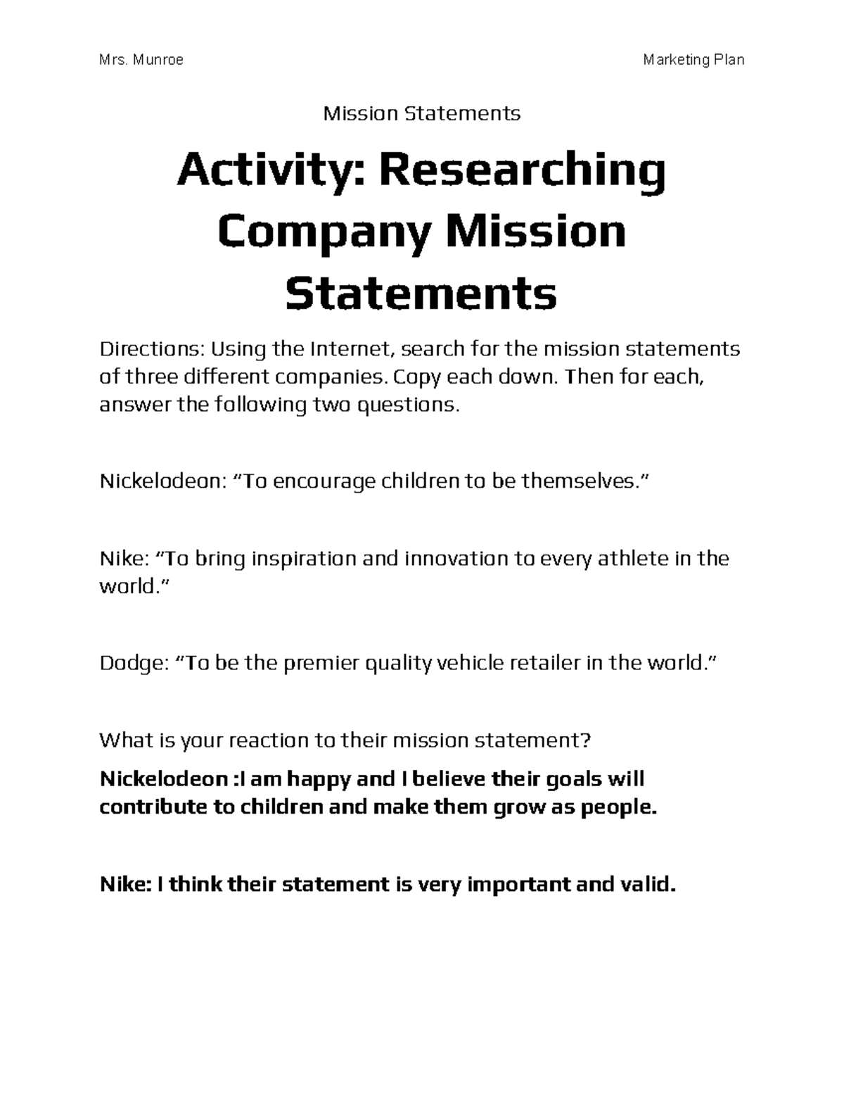 Mission Statements - on the road again and again - Mrs. Munroe ...