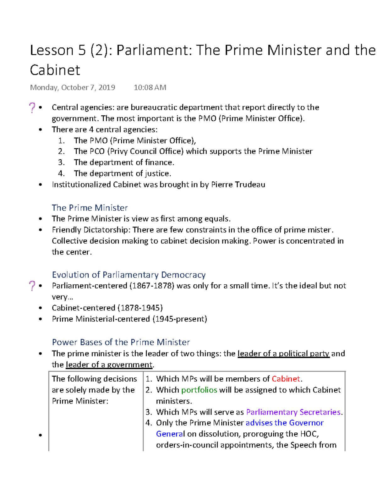 Lesson 5 (2) Parliament The Prime Minister and the Cabinet - Central ...
