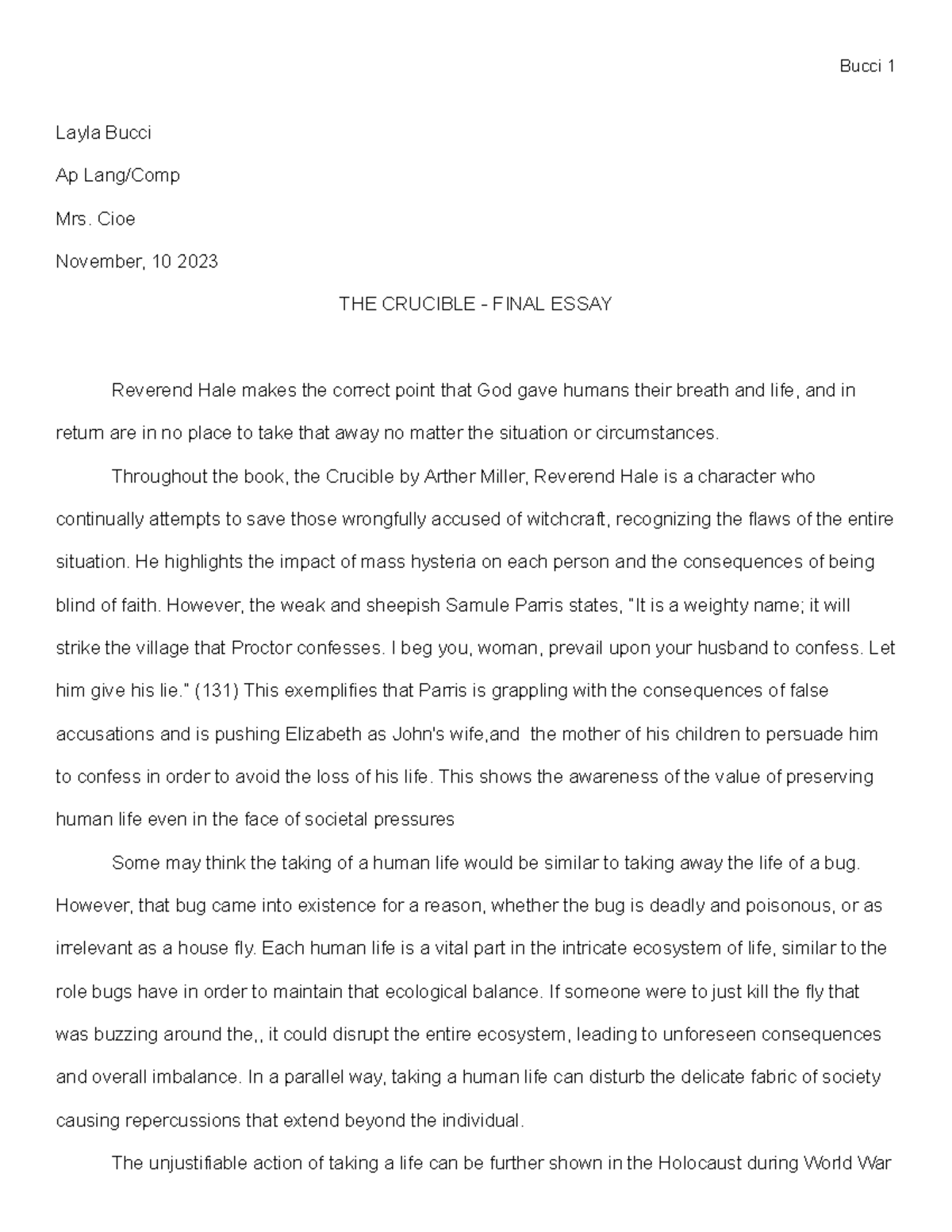 Final Essay Act 4 Crucible - Bucci 1 Layla Bucci Ap Lang/Comp Mrs. Cioe ...